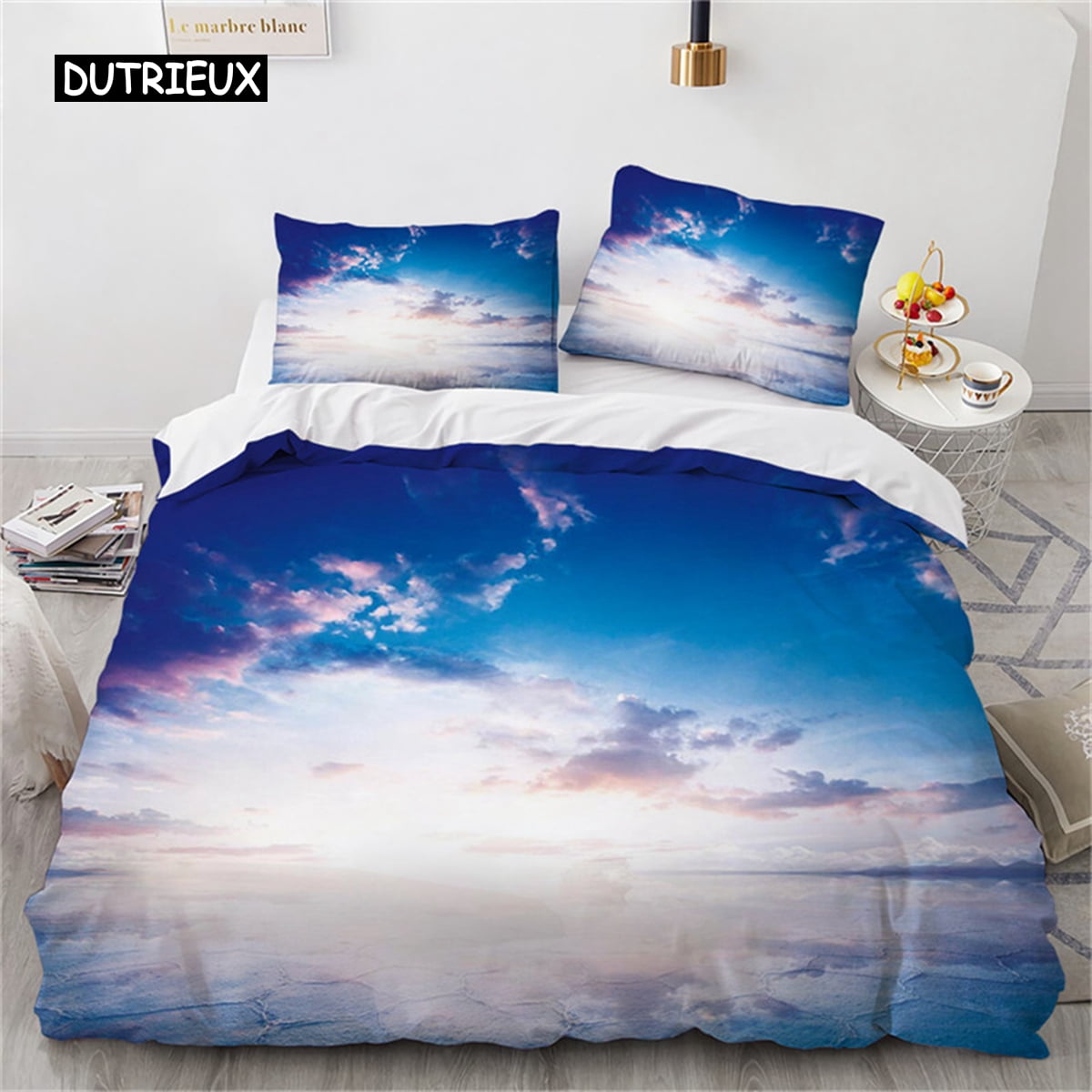Blue Sky White Clouds Duvet Cover Microfiber Natural Scenery Flowers ...