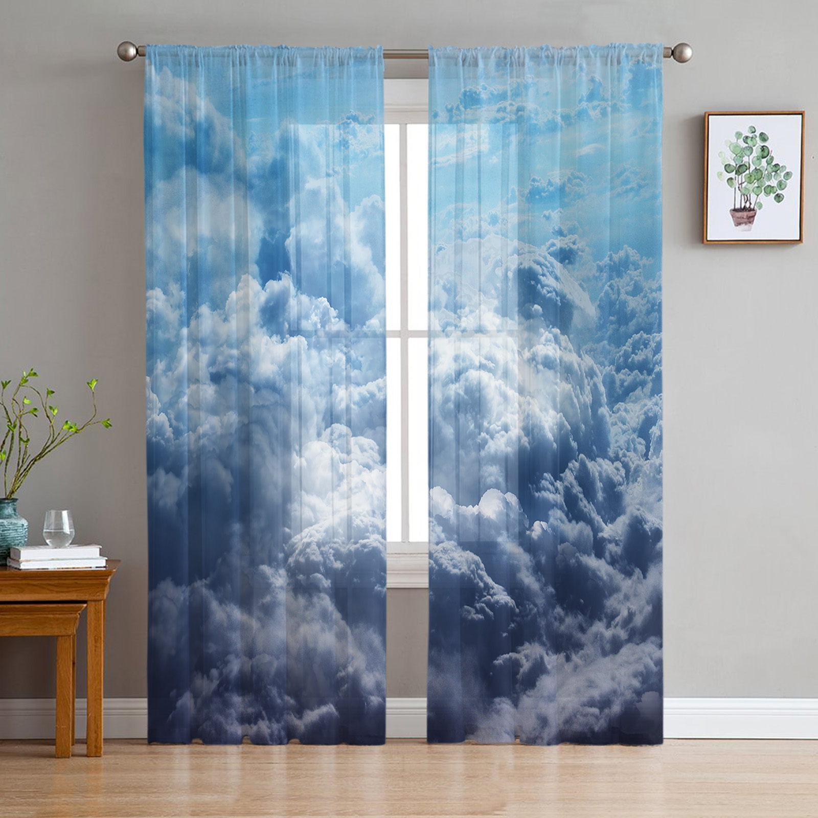 Blue Sky White Clouds Grassland Sheer Curtains for Living Room Voile ...