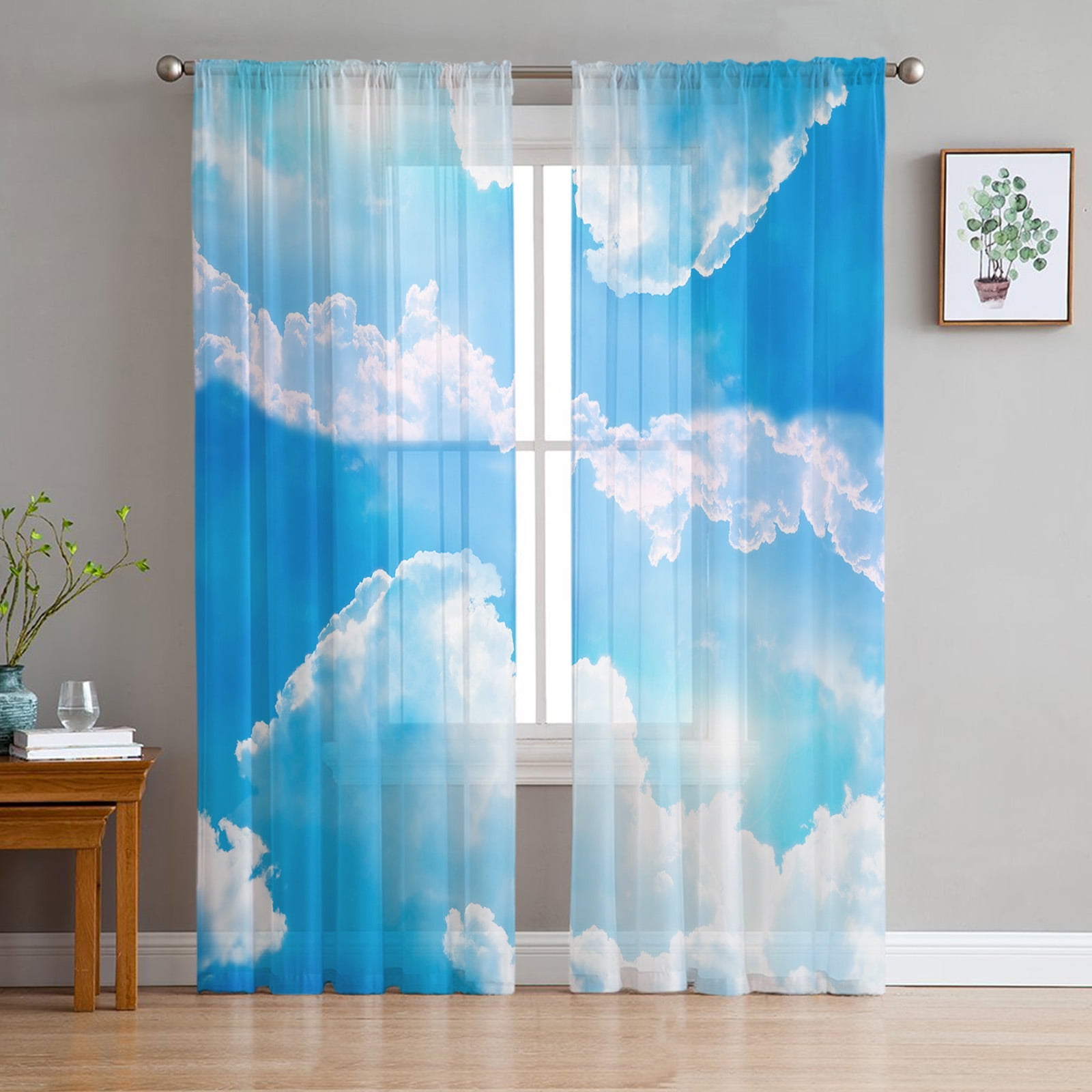 Blue Sky White Clouds Grassland Sheer Curtains for Living Room Voile ...