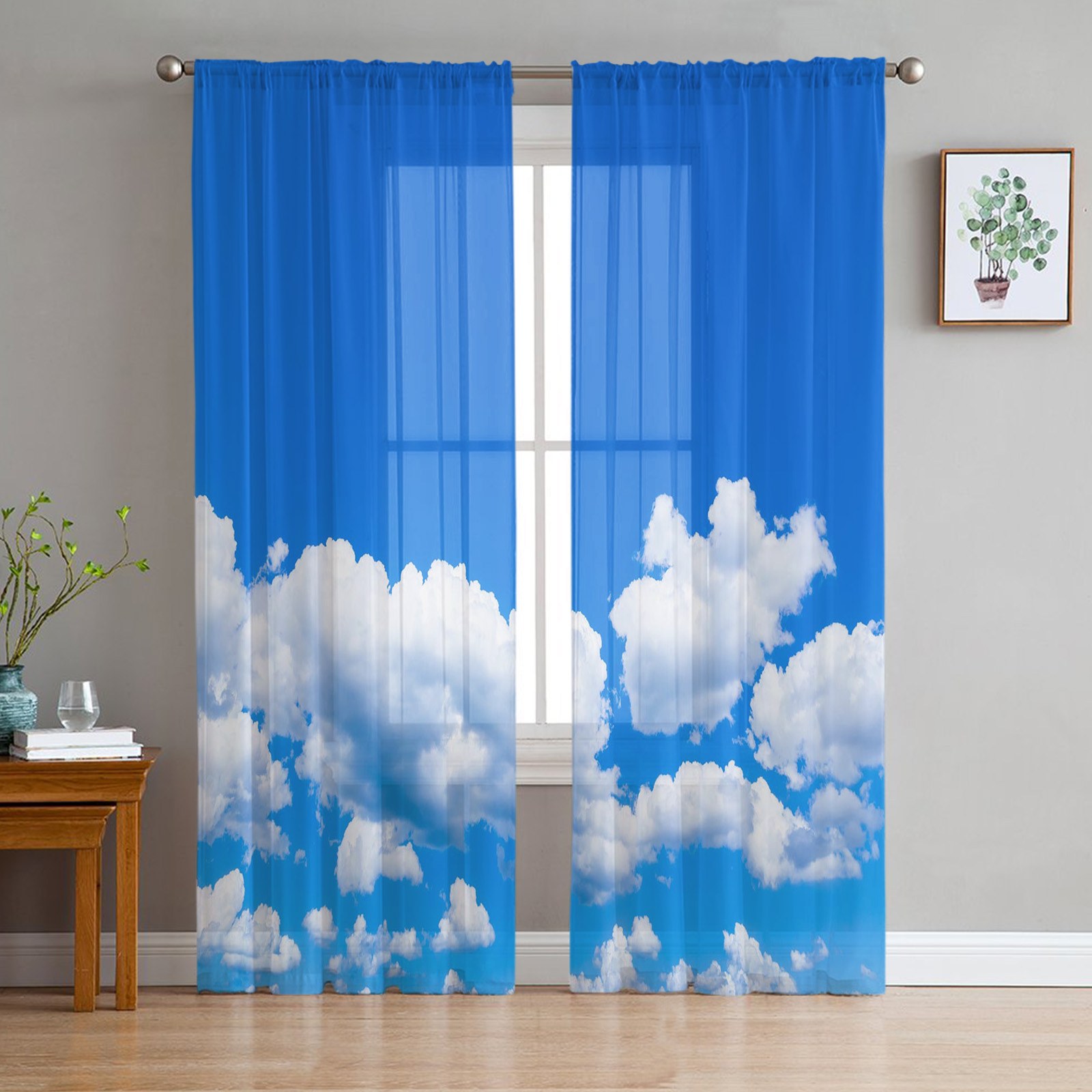 Blue Sky White Clouds Grassland Sheer Curtains for Living Room Voile ...