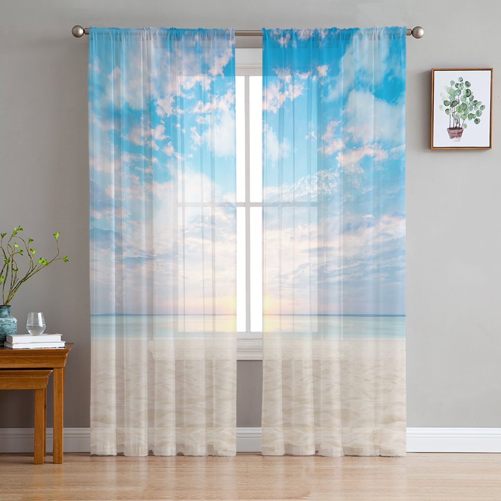 Blue Sky White Clouds Grassland Sheer Curtains for Living Room Voile ...