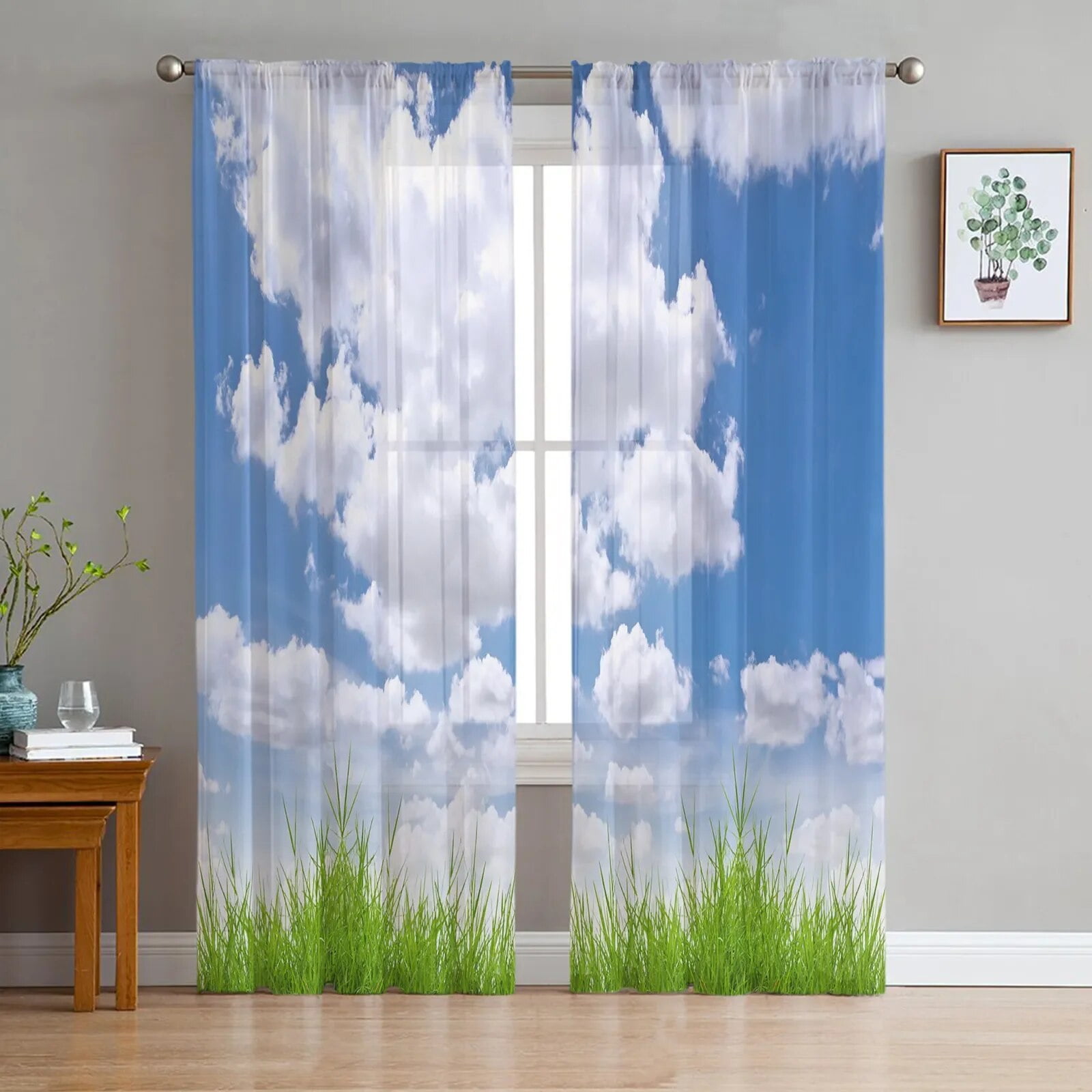 Blue Sky White Clouds Grassland Tulle Sheer Curtains for Living Room ...