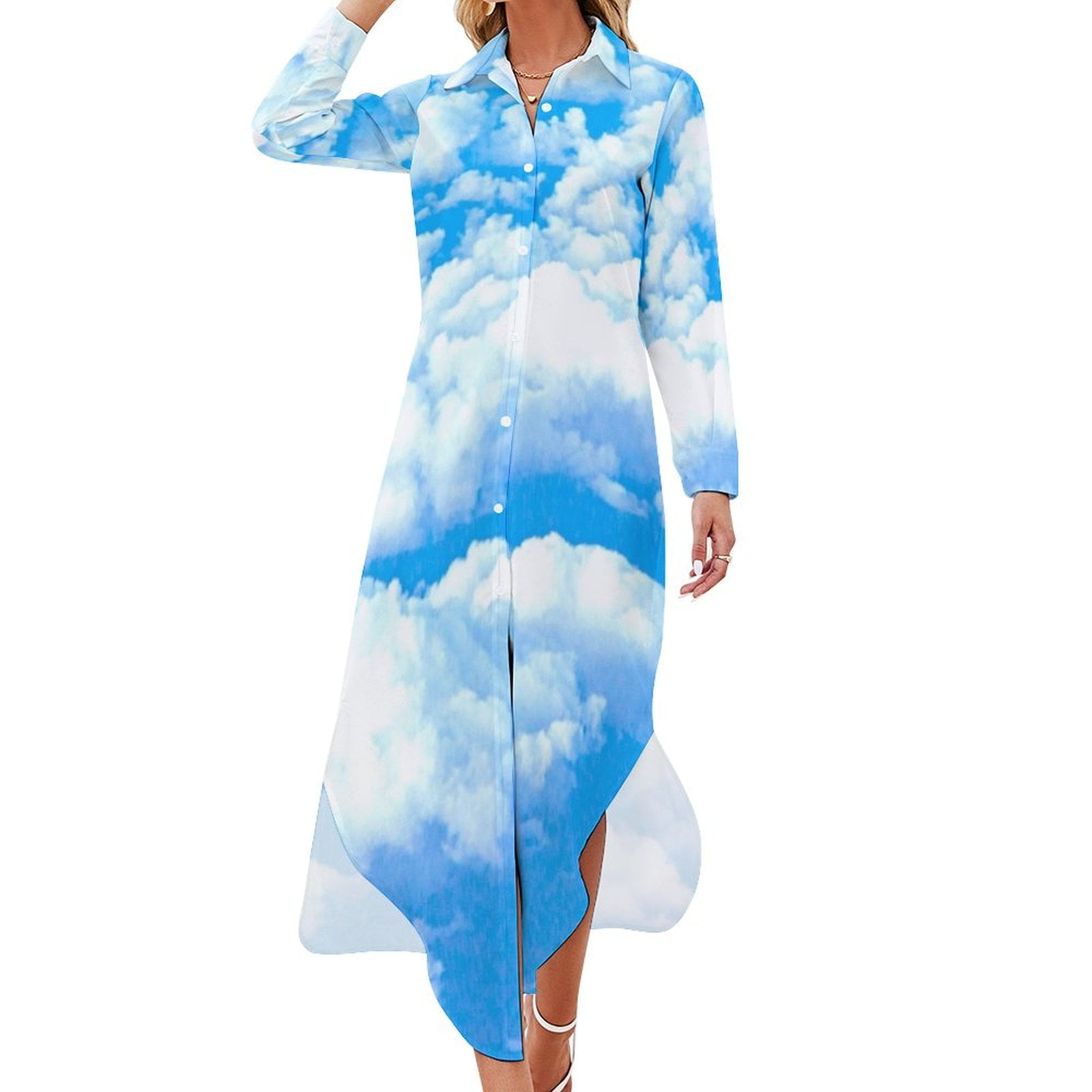Blue Sky and Clouds Long Sleeved Shirt Dress luxury evening dresses for ...