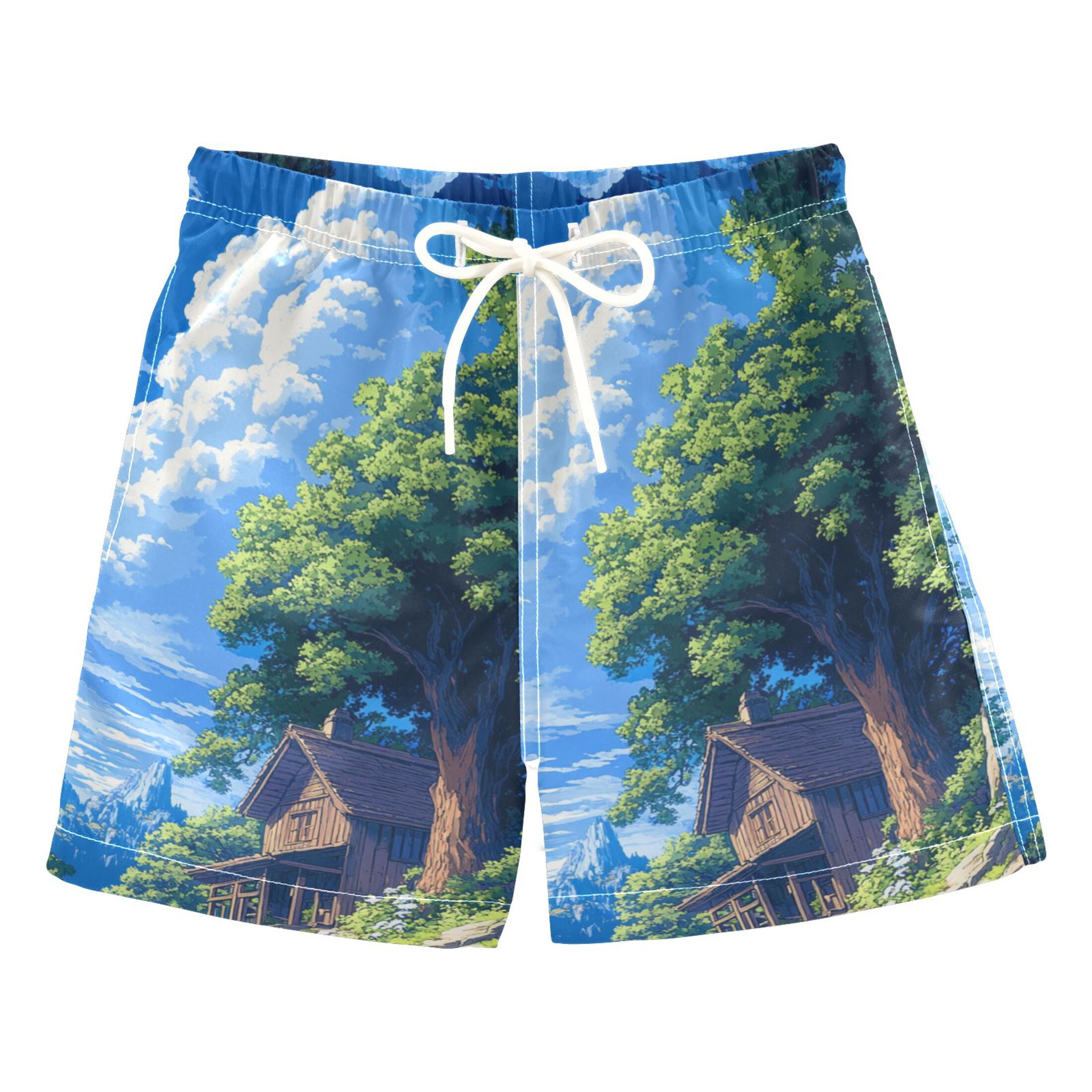 Blue Sky and Green Trees Boys Swim Trunks Quick Dry Boy Swim Shorts for ...