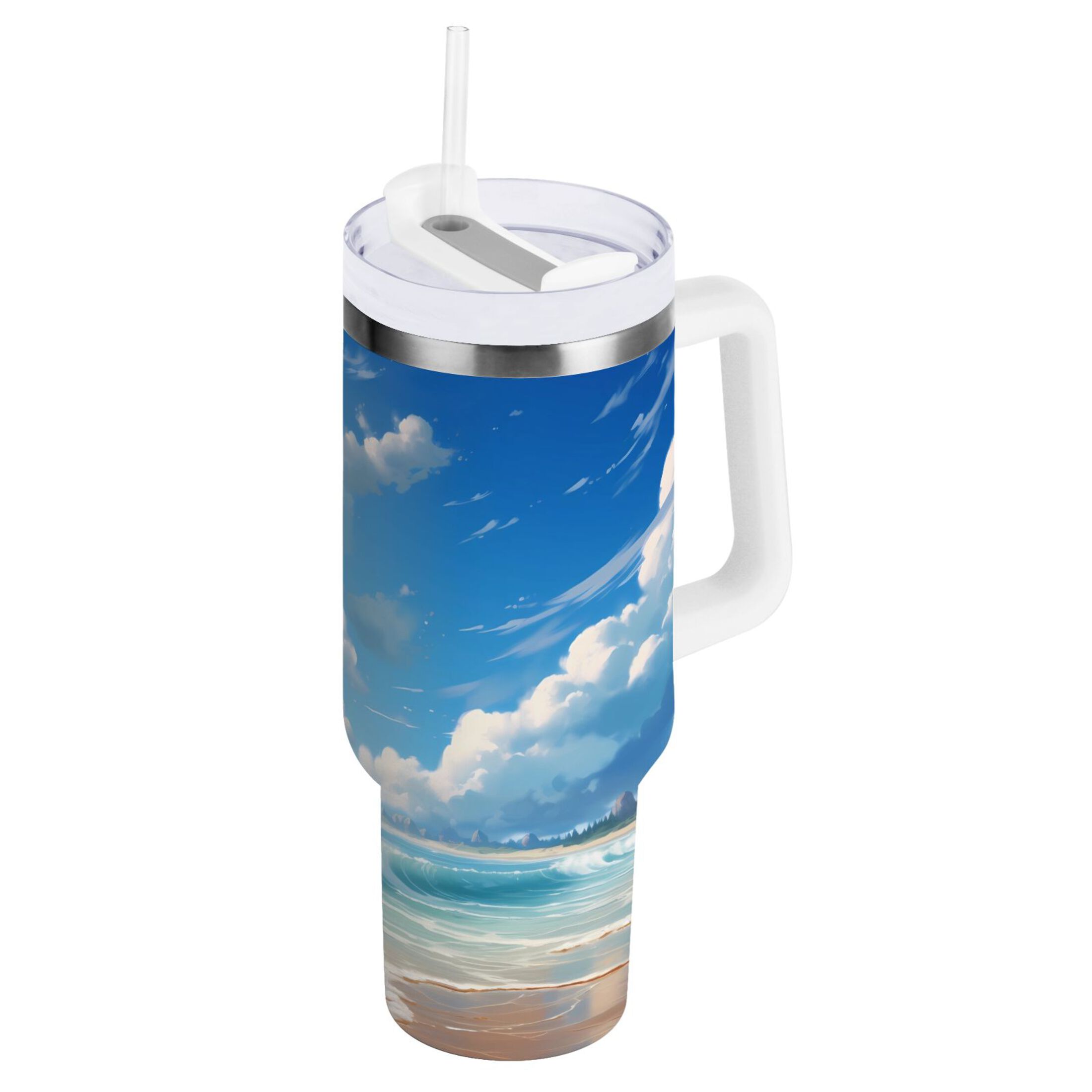 Blue Sky and Sea Tumbler with Handle and Straw Insulated Travel Mug ...