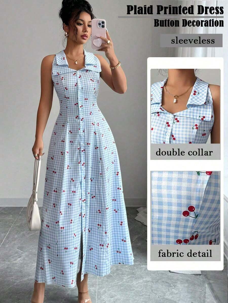 Blue Sleeveless Plaid Printed Dress With Double Collar, Cherry Print ...