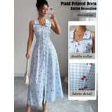 Blue Sleeveless Plaid Printed Dress With Double Collar, Cherry Print ...