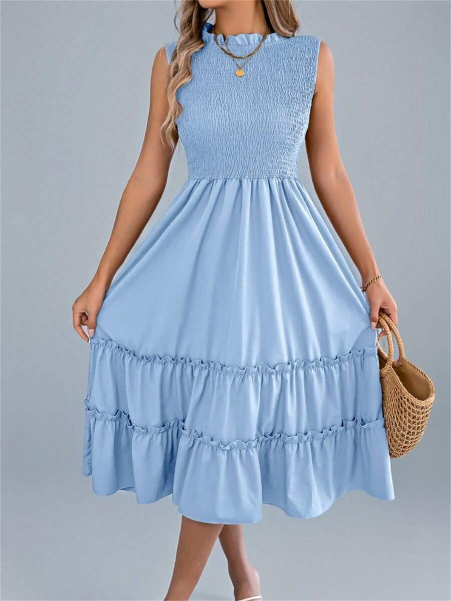 Blue Sleeveless Smocked Midi Dress With Ruffle Trim Flounce Hem Crew ...