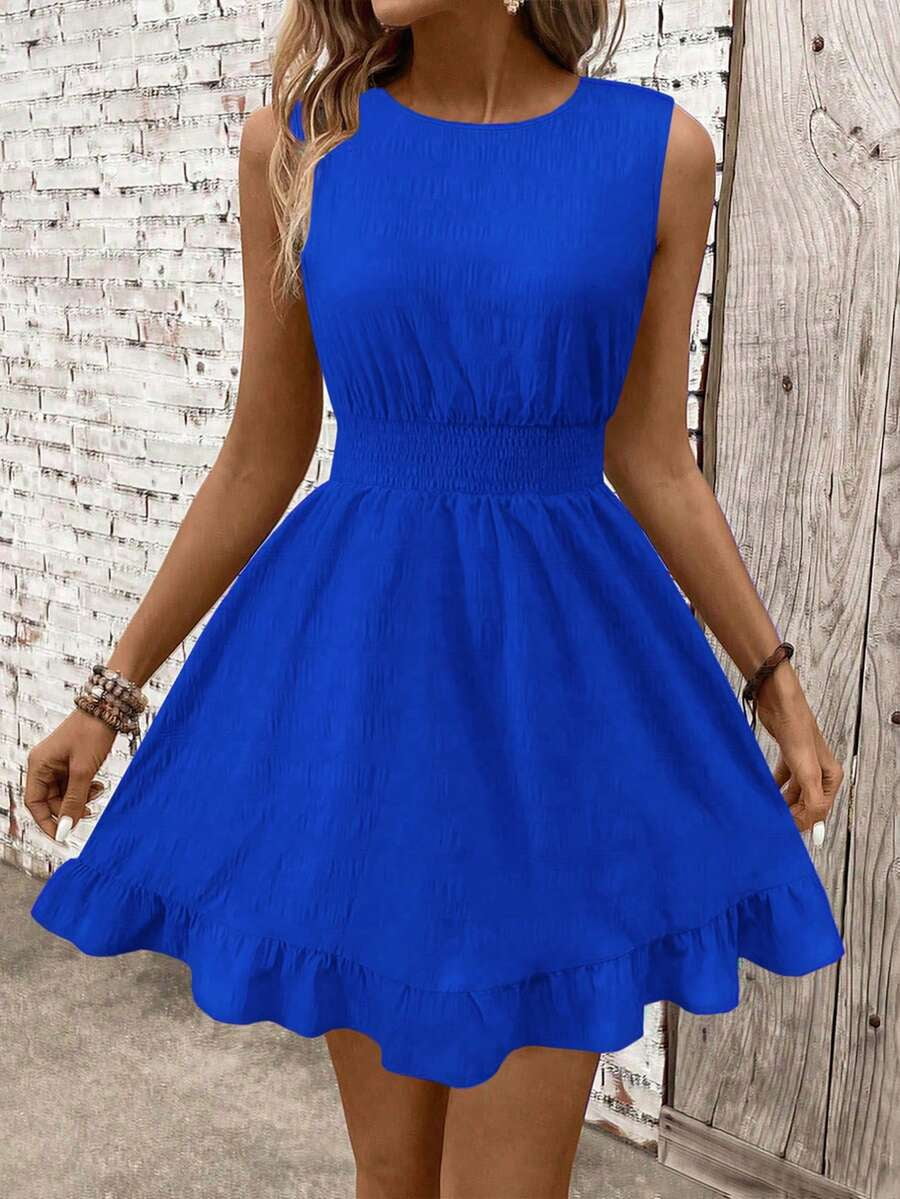 Blue Sleeveless Smocked Waist A-Line Dress With Ruffle Hem, Casual ...