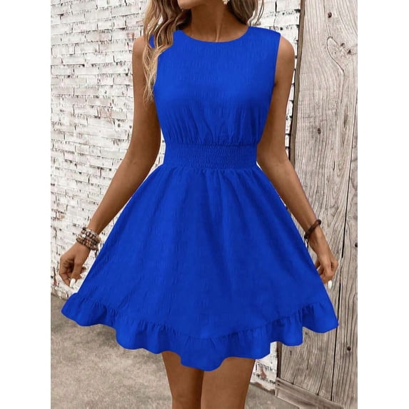 Blue Sleeveless Smocked Waist A-Line Dress With Ruffle Hem, Casual ...