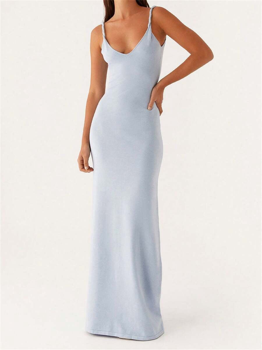 Blue Sleeveless V-Neck Twisted Strap Maxi Slip Dress For Summer ...