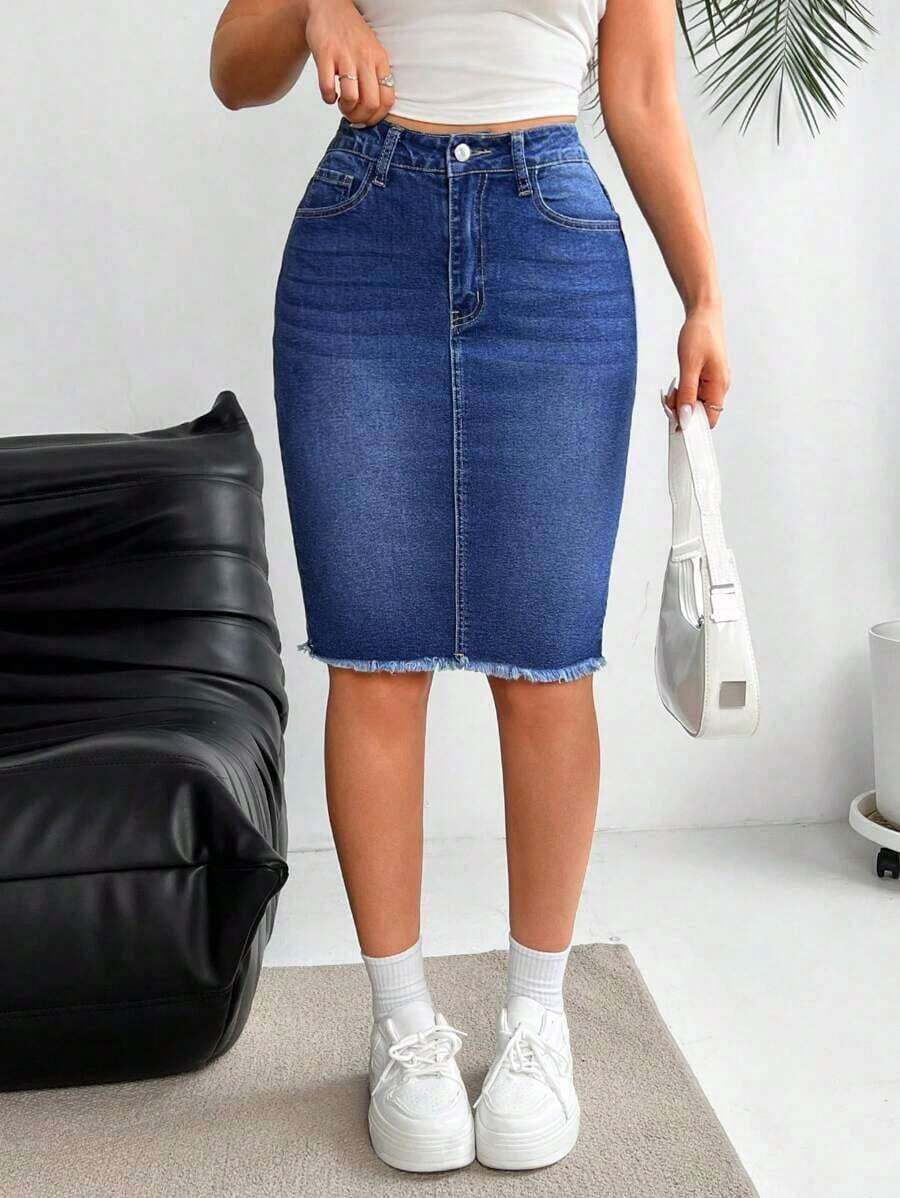 Blue Slim Fit Denim Skirt With Button Closure, Belt Loops, Pockets And ...