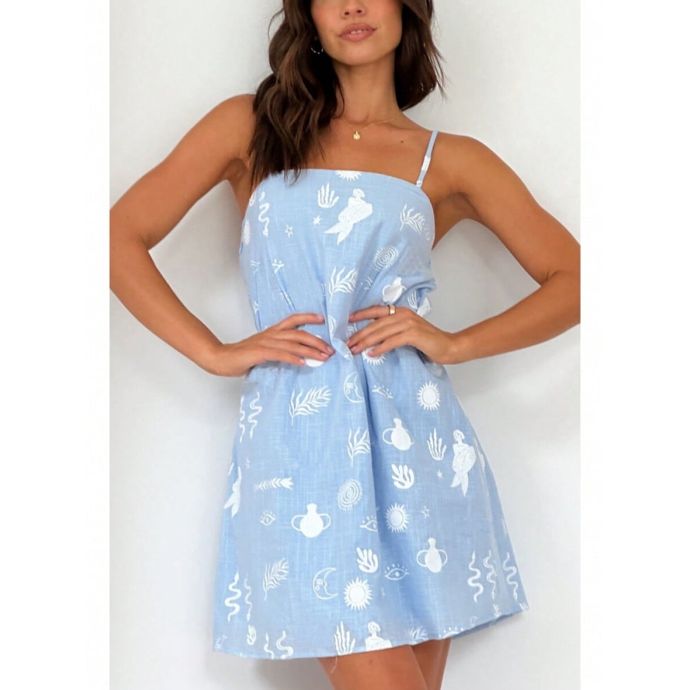 Blue Slip Dress With Spaghetti Straps Backless Graphic Print A-Line ...