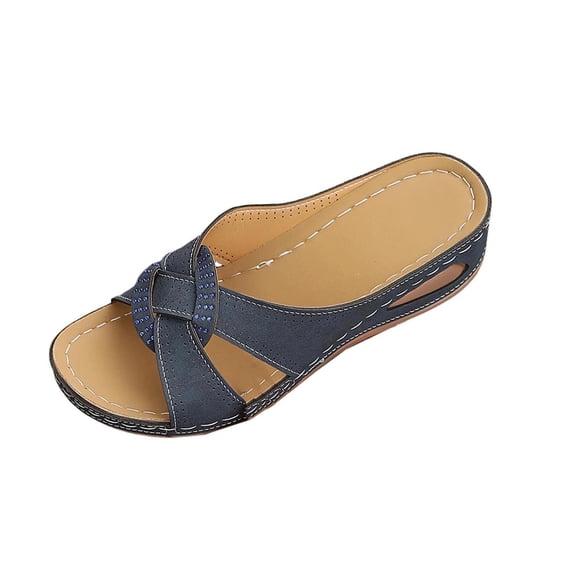 Blue Slip On Wedge Heel Open Toe Slippers For Women With Thick Bottom ...