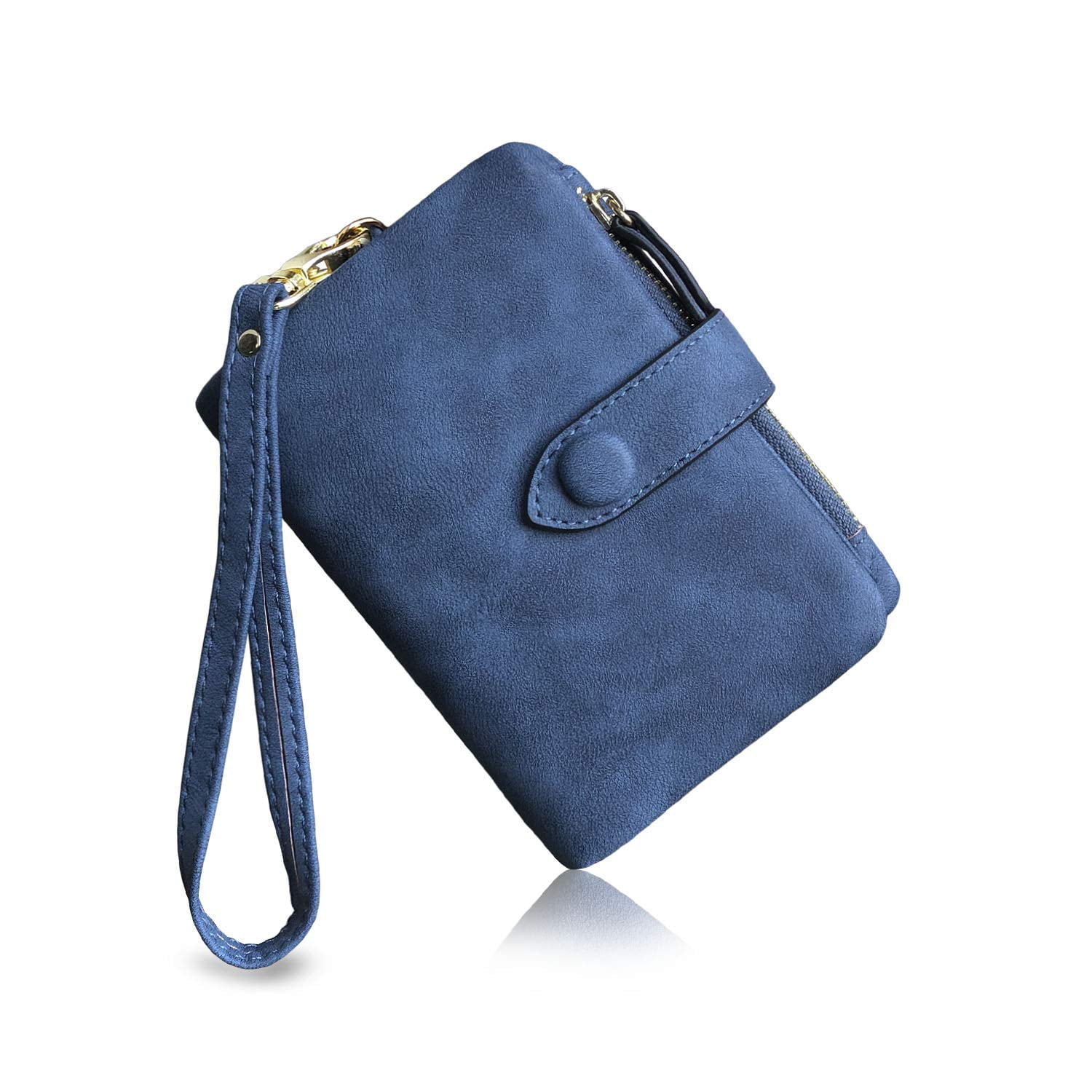 Blue Small Bifold Leather Ladies Wristlet Wallet with Card Slots and ID ...
