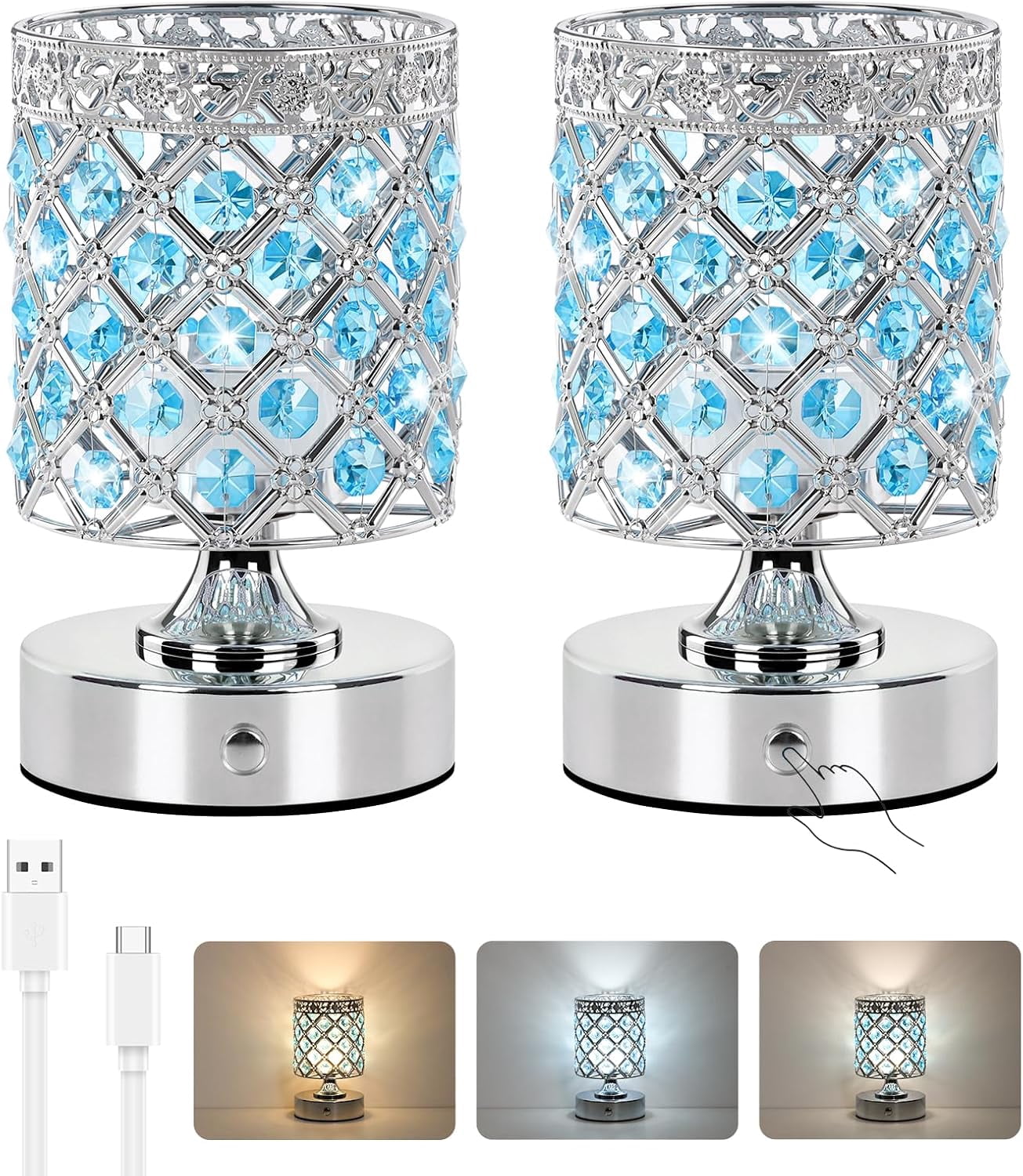 Blue Small Crystal Rechargeable Cordless Table Lamps Set of 2 | 6000mAh ...