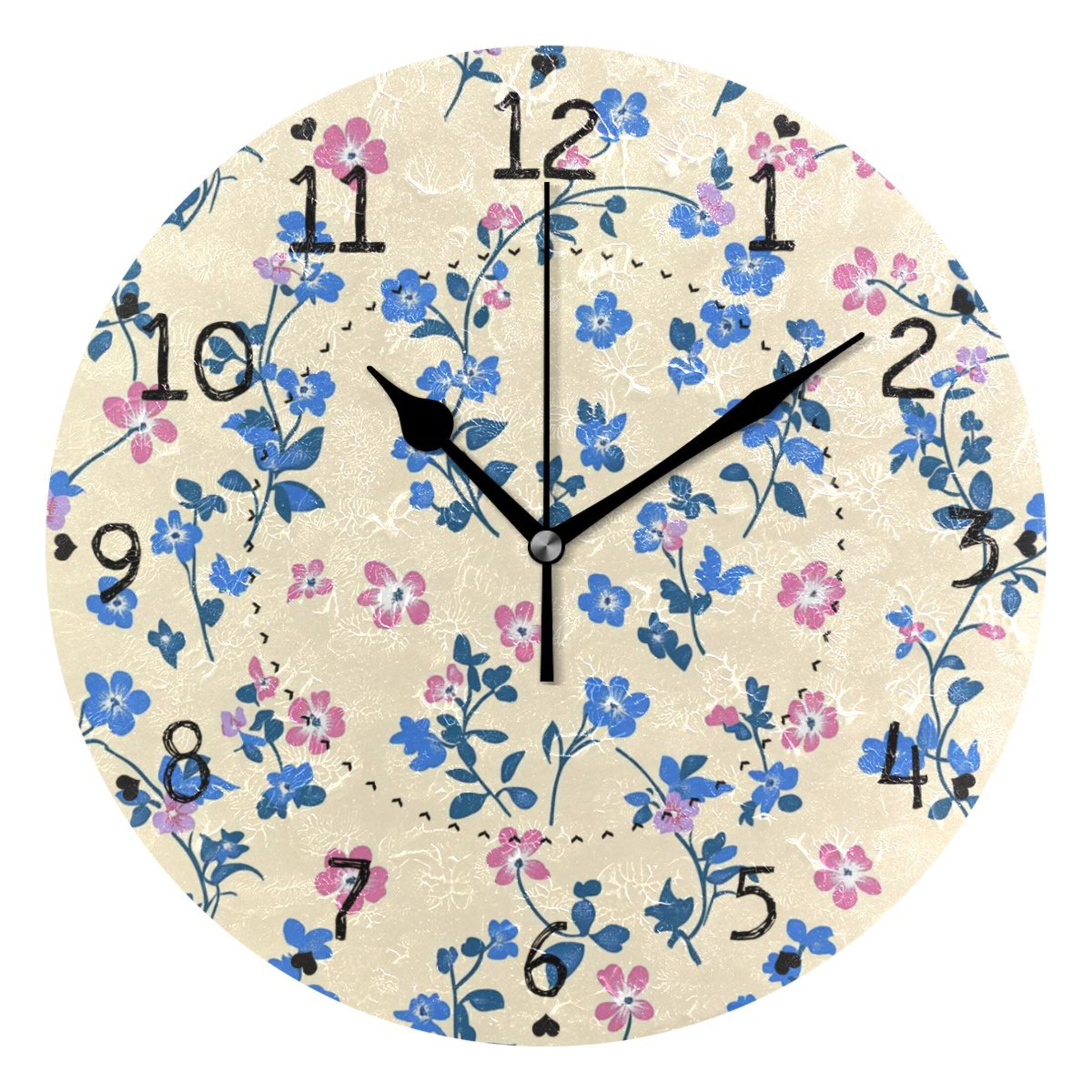 Blue Small Floral Round Wall Clock Silent Battery Operated Home Decor ...