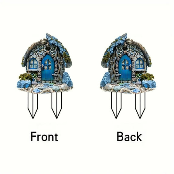 Blue Small House 2D Flat Acrylic Garden Stake Flower Pot Ground ...