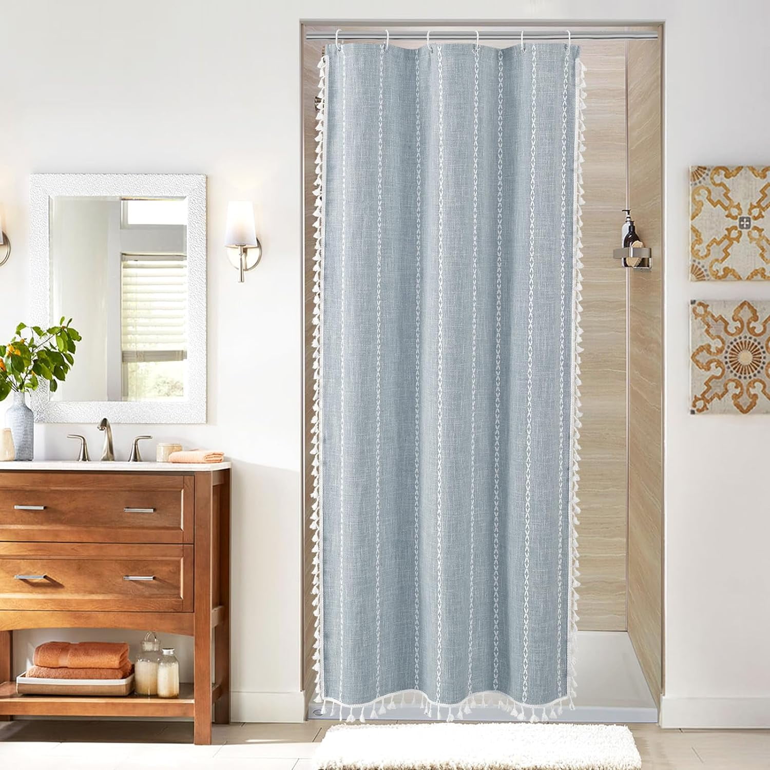 Blue Small Stall Shower Curtain 36 x 72, Half Size Narrow Cotton Linen ...