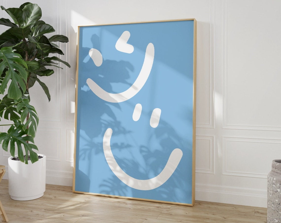 Blue Smiley Face Poster, Light Blue Preppy Fun Smileys Wall Art, Preppy ...