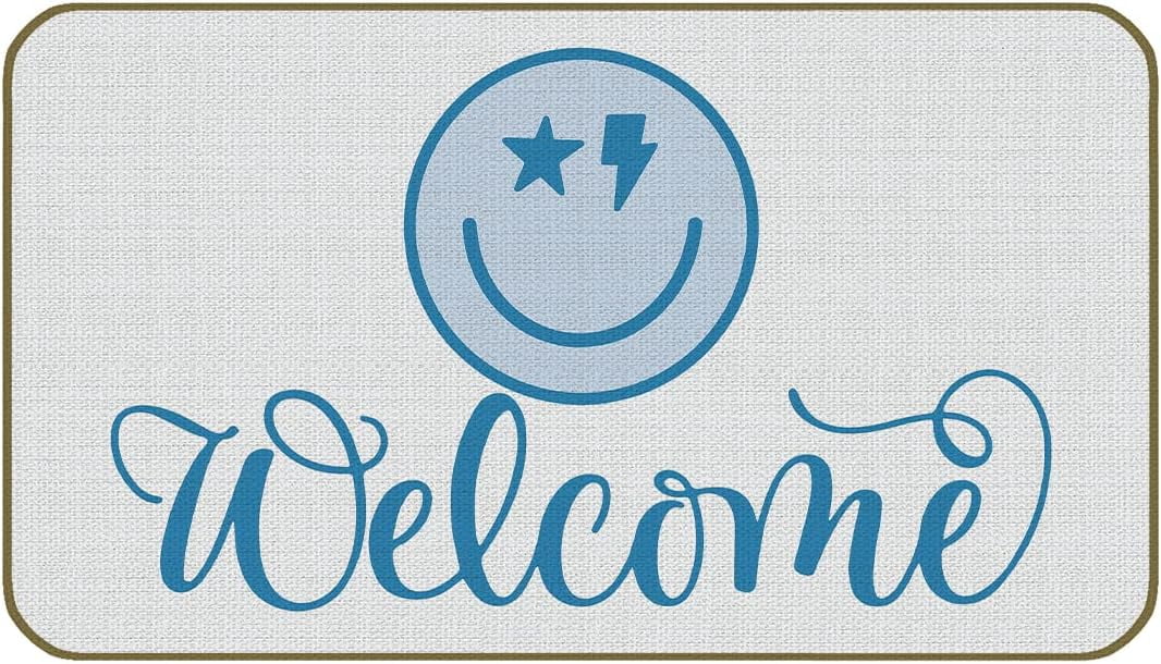 Blue Smiley Face Welcome Decorative Doormat Lightening Bolt Star Eye ...