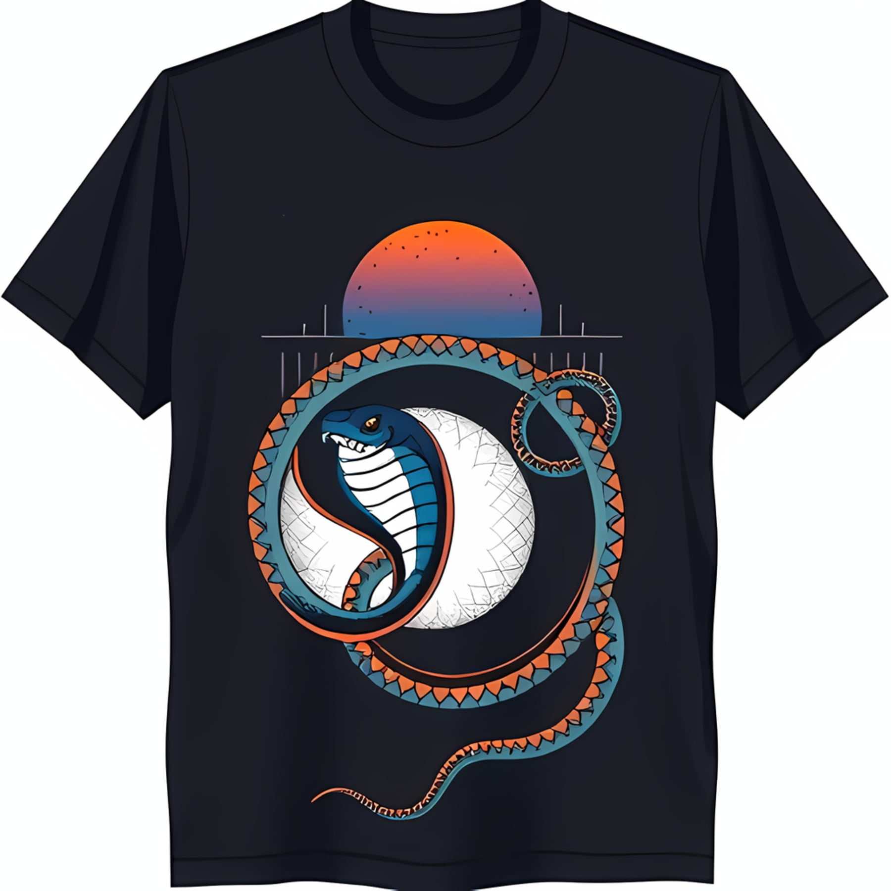 Blue Snake Coiled Around Circle with Red & Sun Graphic T-Shirt Dark ...