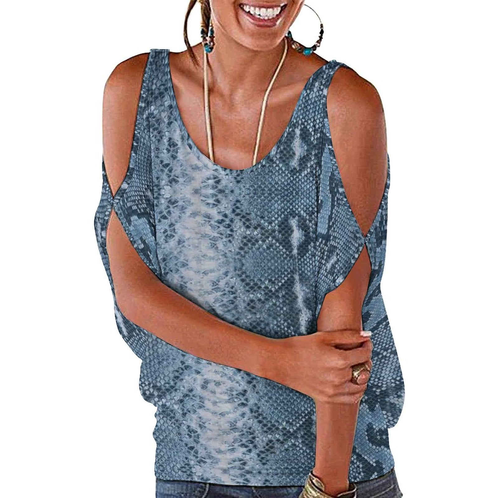 Blue Snake Pattern Casual Womens Summer Off The Shoulder Tops T Shirts ...