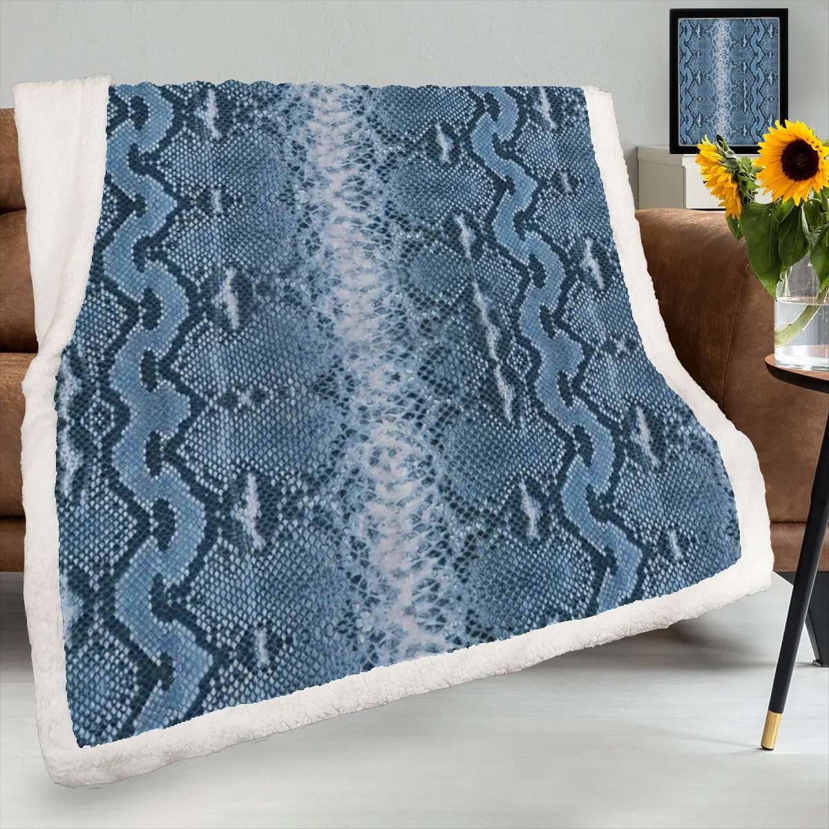 Blue Snake Pattern Sherpa Blanket Throw Blanket For Bed Chair Sofa ...