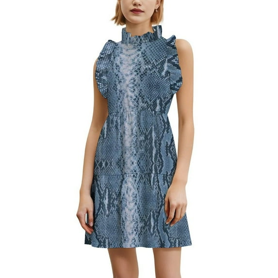 Blue Snake Pattern Women's Fashion Casual Dress Summer Stand Up Collar ...