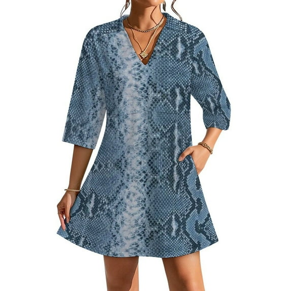 Blue Snake Pattern Womens Dress With Pockets Summer V Neck 3/4 Sleeve ...