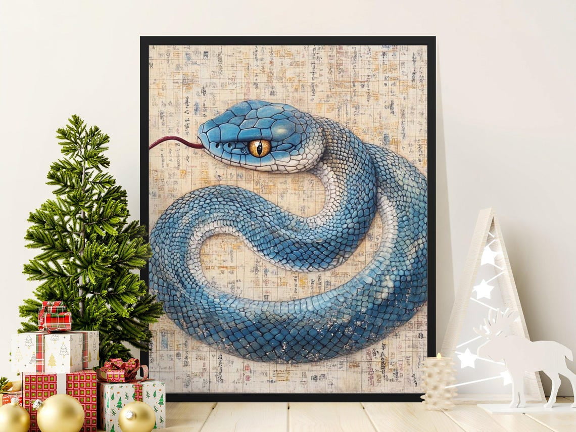 Blue Snake Poster, Wall Art Decor, Serpent Illustration, Reptile Art ...