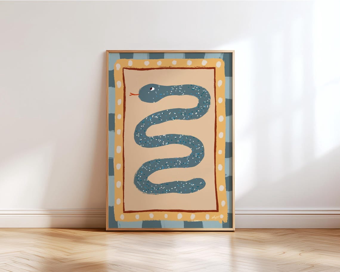 Blue Snake Wall Art For Room Nursery Playful Animal Boho Unframed Paper ...