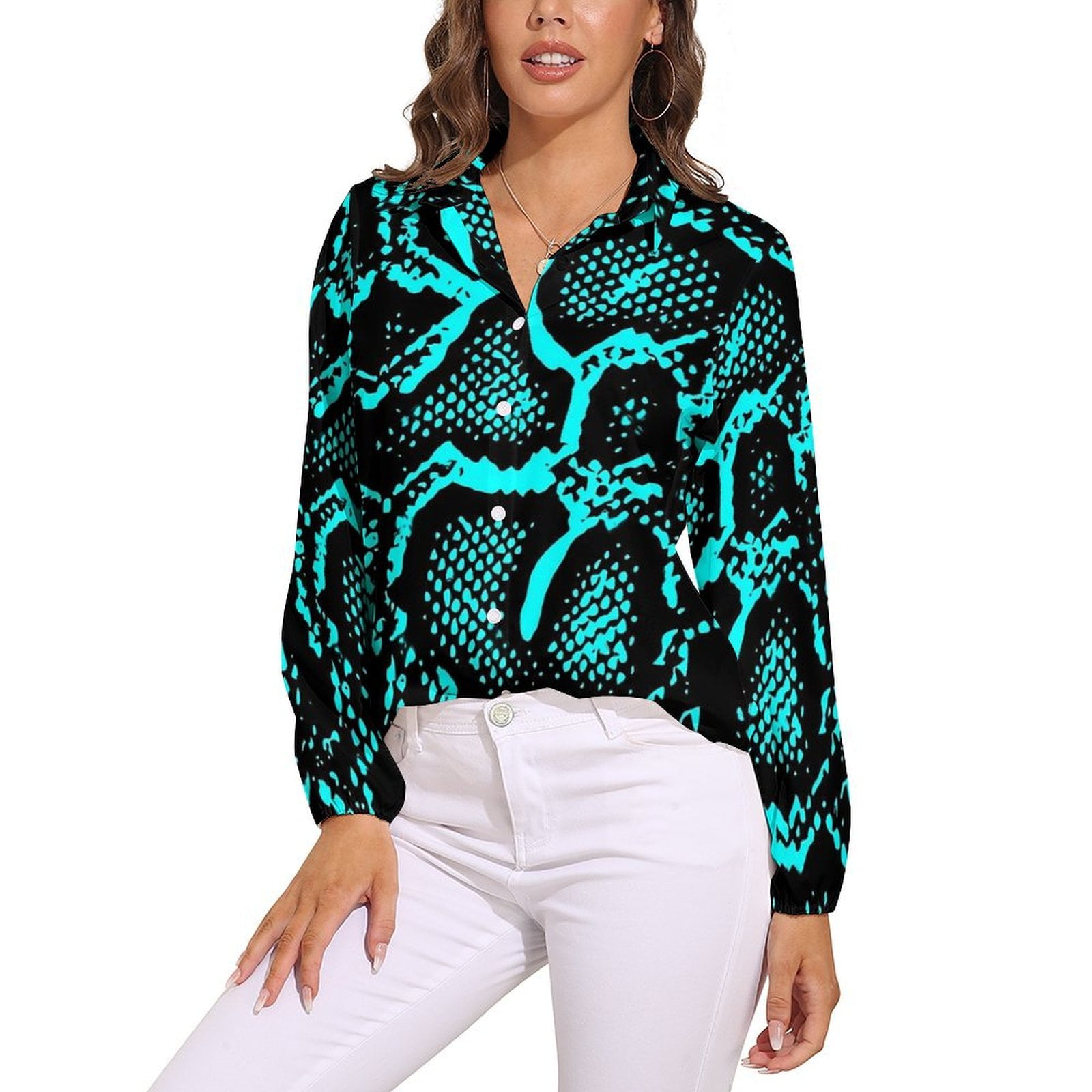Blue Snake pattern Blouse Long-Sleeve Python Print Vintage Blouses ...