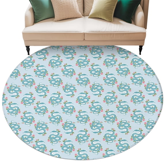 Blue Snakes Flowers Round Rug 6ft Washable Circle Kitchen Rugs Non Slip ...
