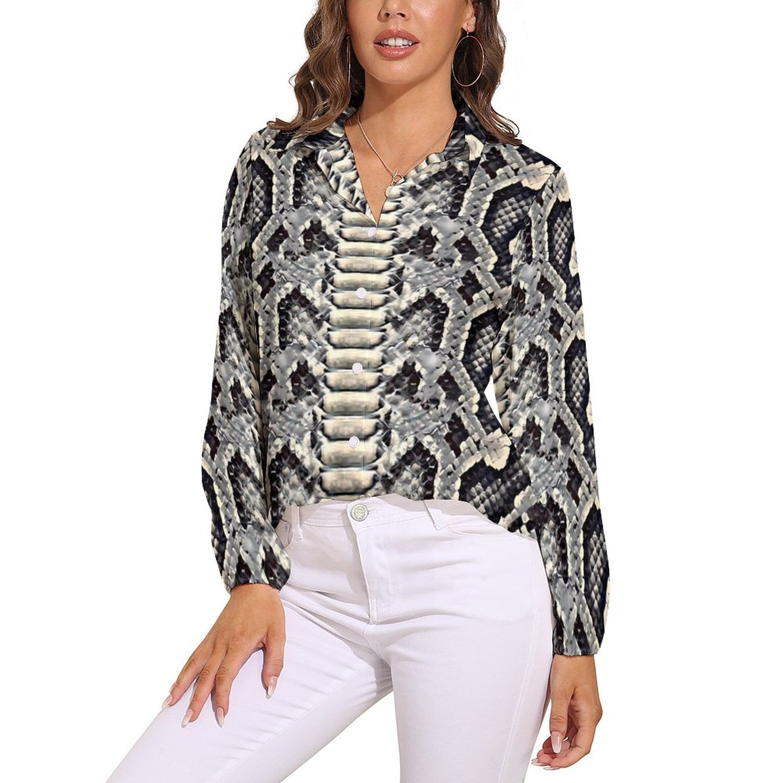 Blue Snakeskin Blouse Long-Sleeve Python Print Vintage Blouses Female ...