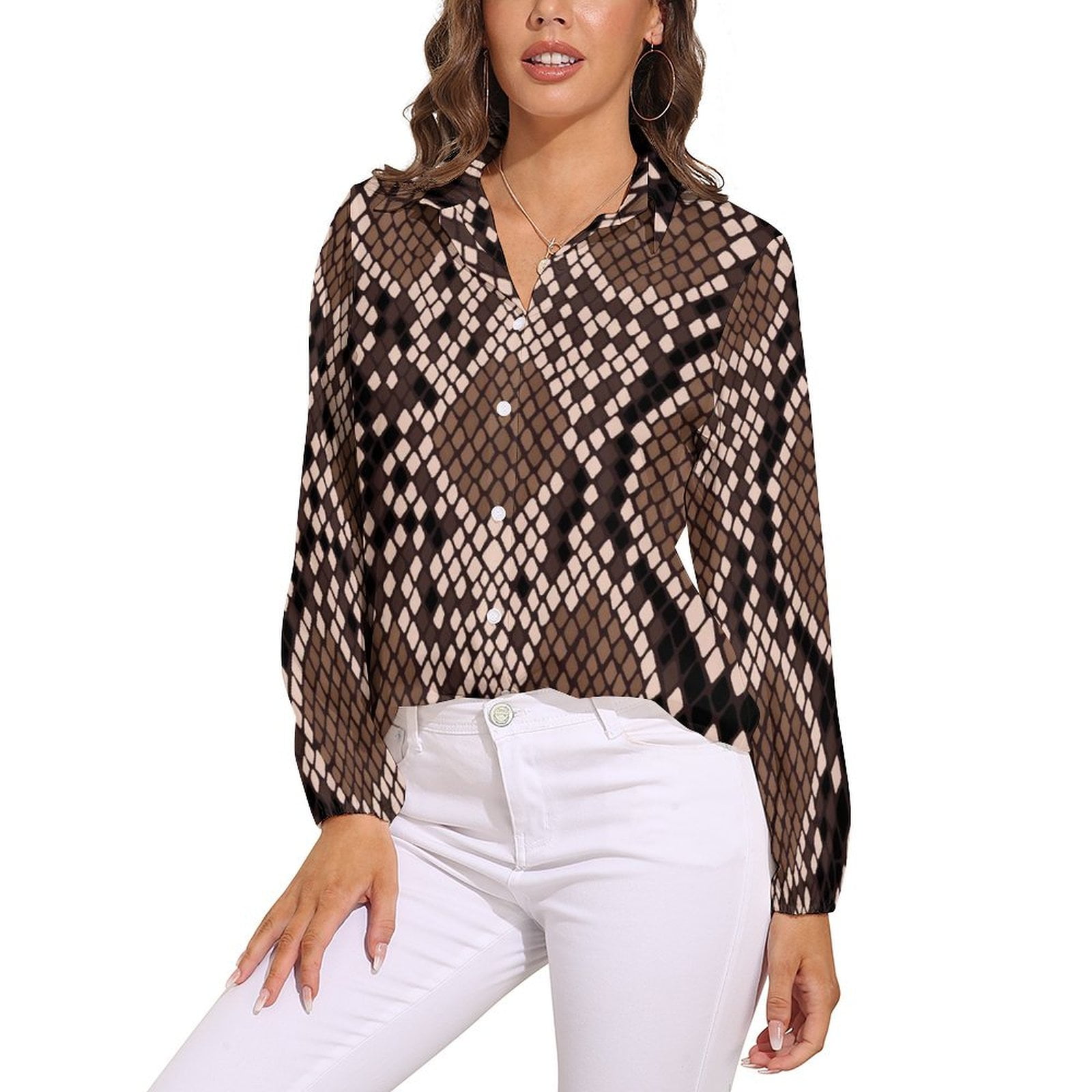Blue Snakeskin Blouse Long-Sleeve Python Print Vintage Blouses Female ...
