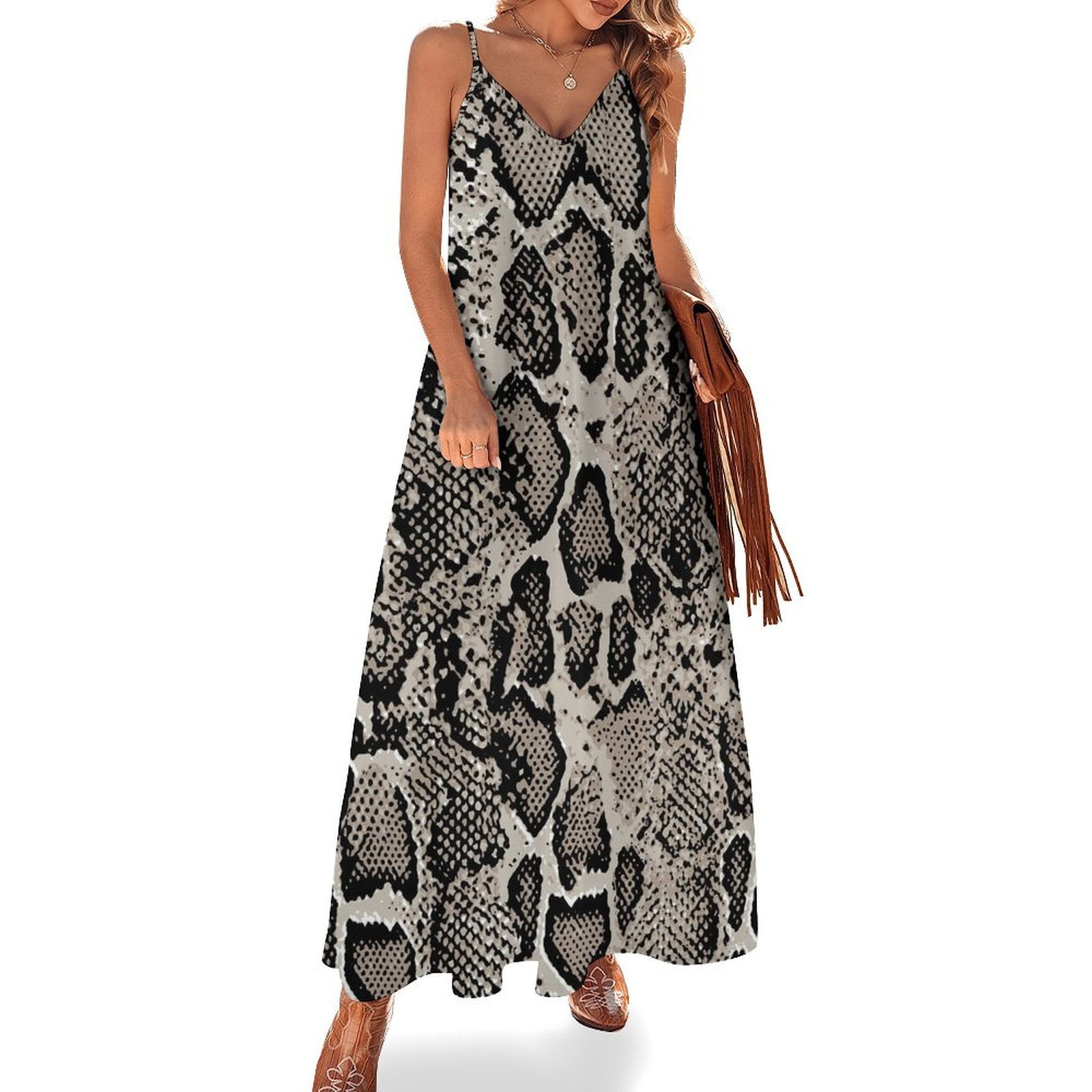 Blue Snakeskin Dress Animal Print Elegant Maxi Dress V Neck Boho Beach ...