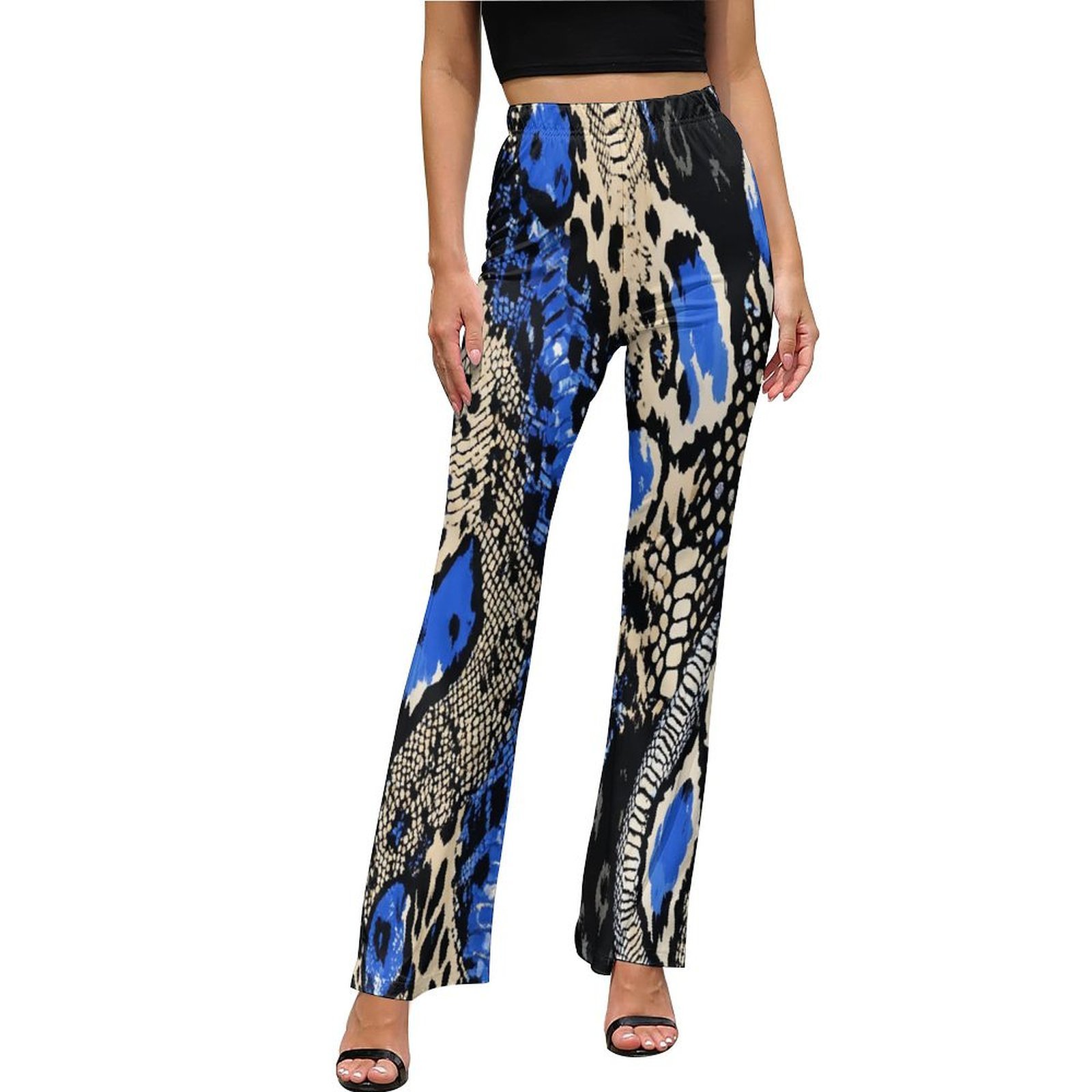 Blue Snakeskin Leopard Print Fabric High Waisted Casual Flared Trousers ...