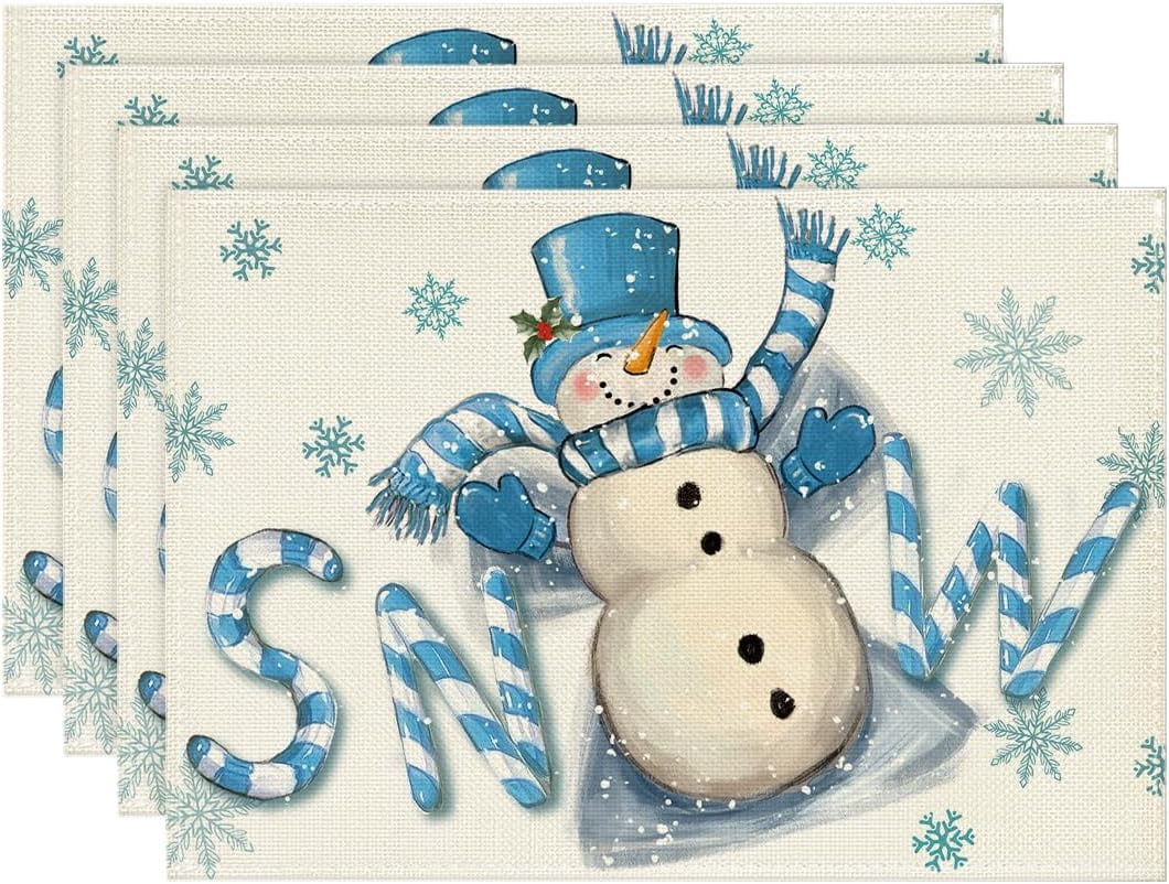 Blue Snow Snowman Winter Placemats Set of 4, 12x18 Inch Seasonal ...