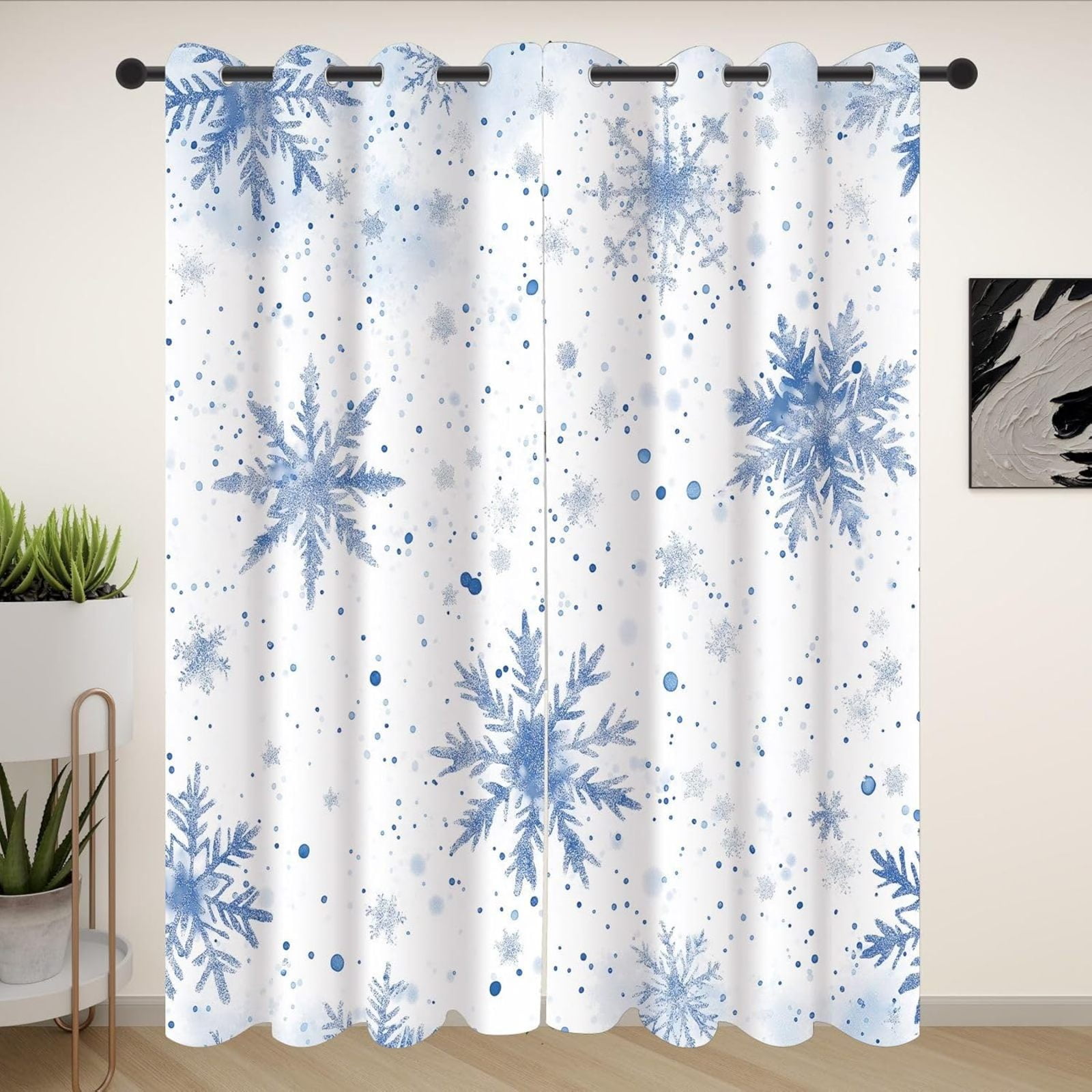 Blue Snowflake Blackout Curtain For Bedroom, Watercolor Snowflake ...