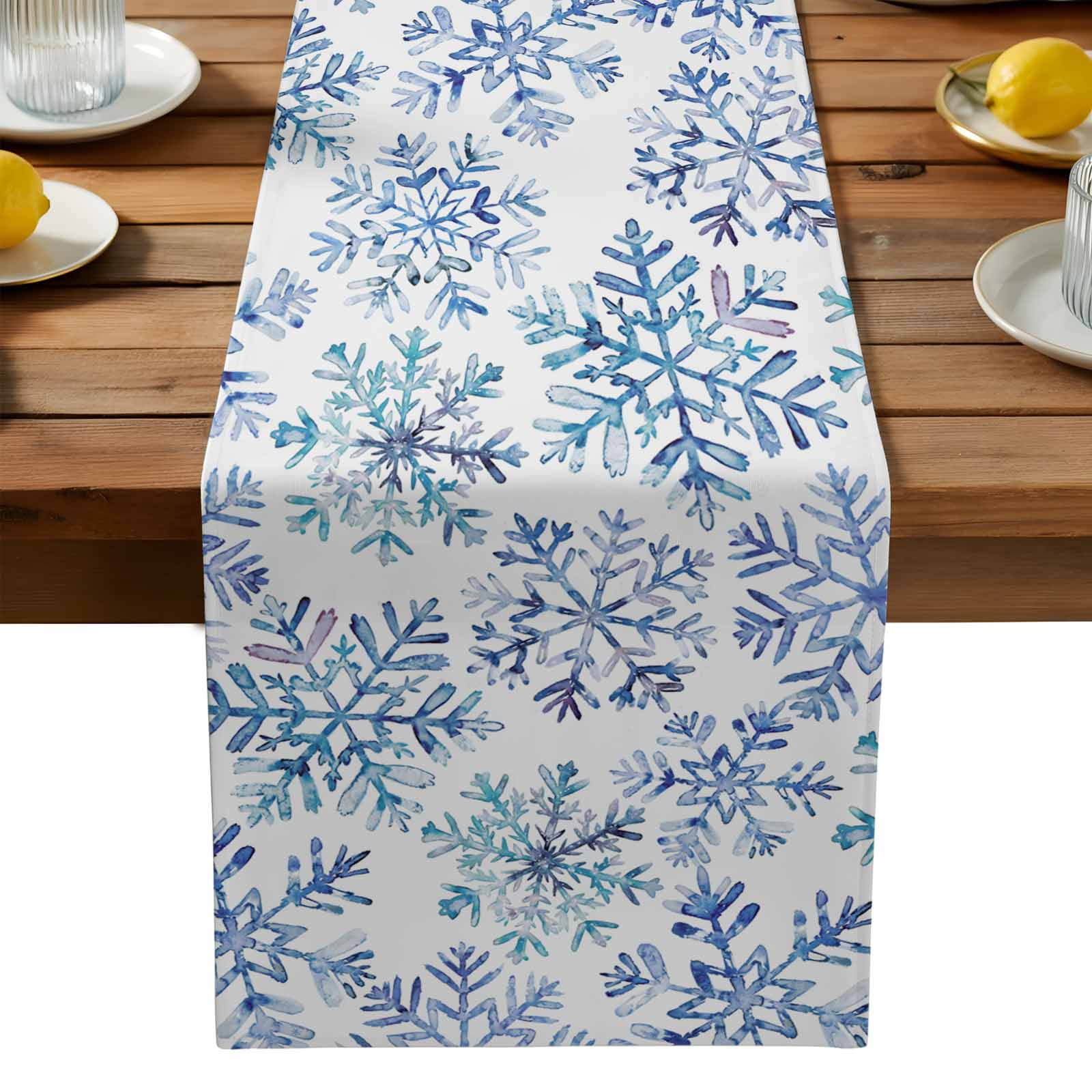 Blue Snowflake Christmas Cotton Linen Table Runner for Dining Kitchen ...