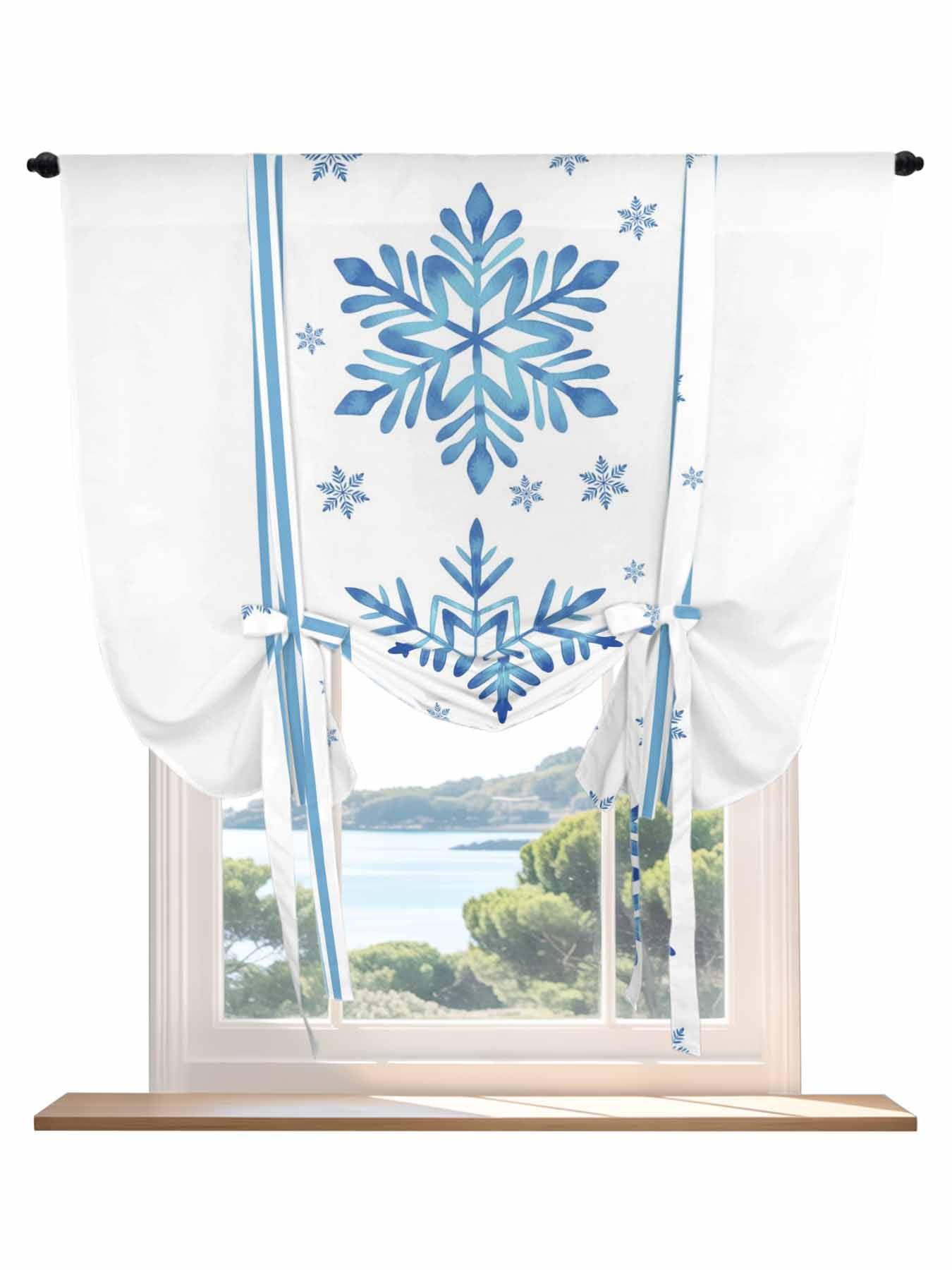 Blue Snowflake Christmas Tie Up Curtains for Windows 45 Inch Length ...