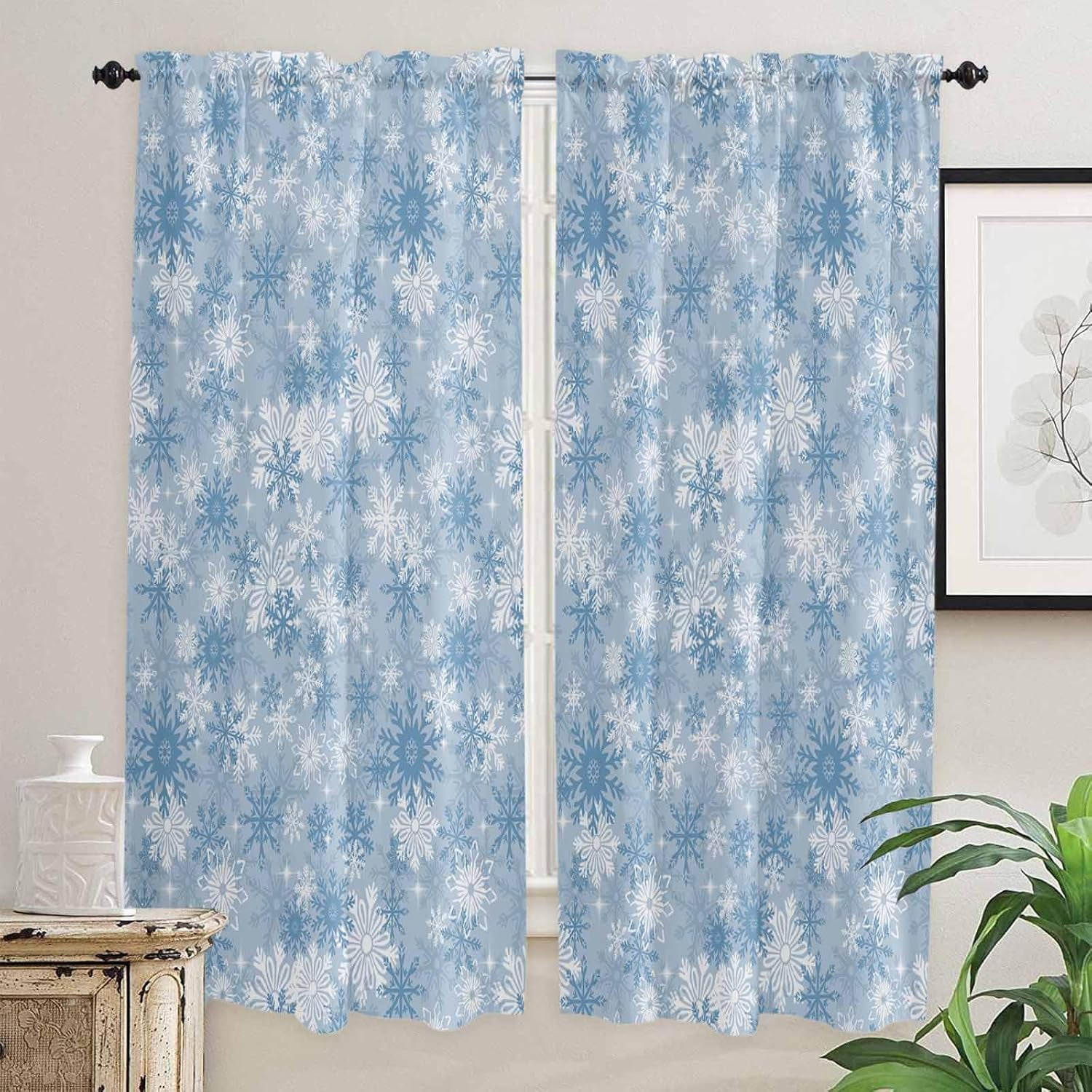 Blue Snowflake Christmas Window Curtains 84 Inch Length, Winter Holiday ...