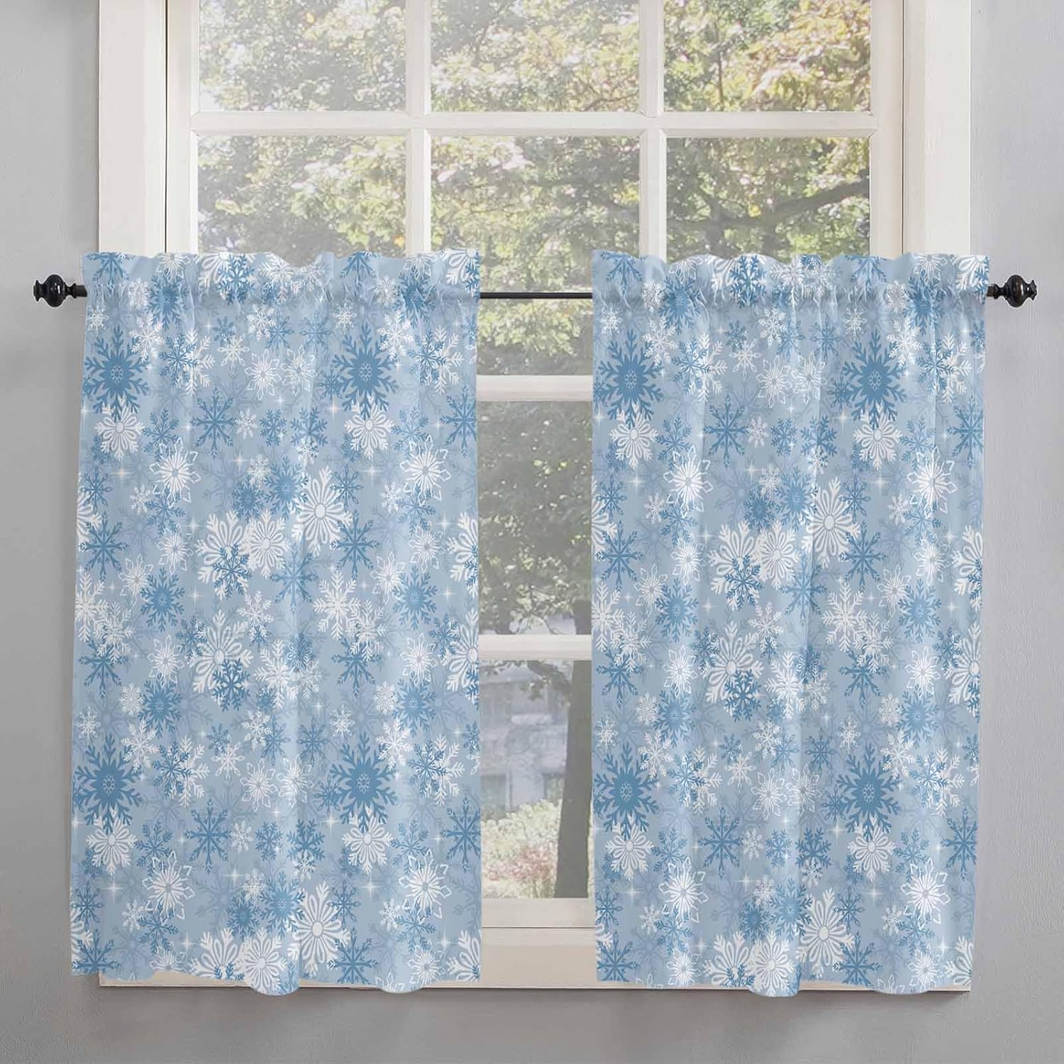 Blue Snowflake Christmas Window Short Curtains 54 Inch Length, Winter ...