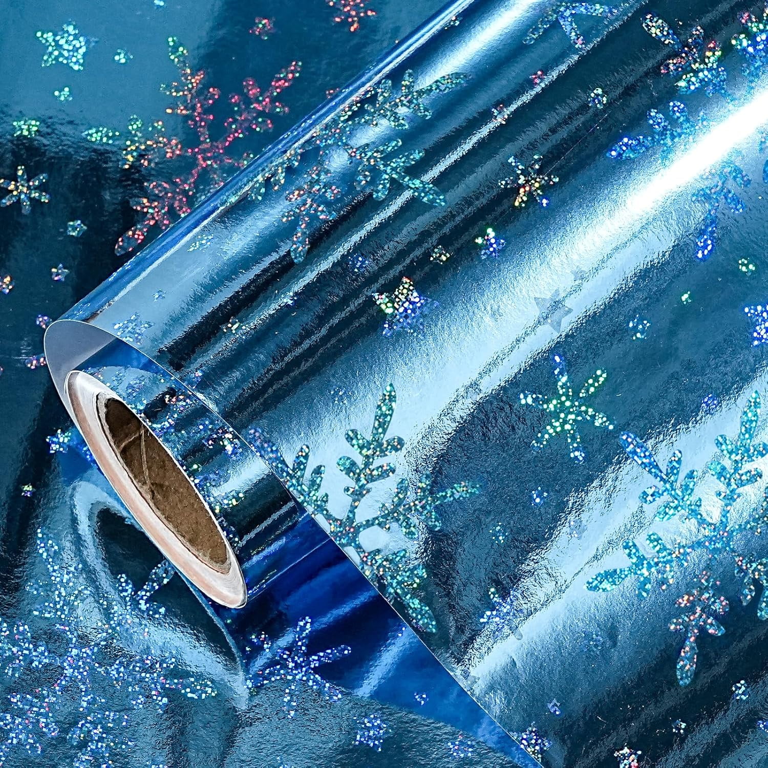 Blue Snowflake Holographic Wrapping Paper, Metallic Snowflake Pattern ...