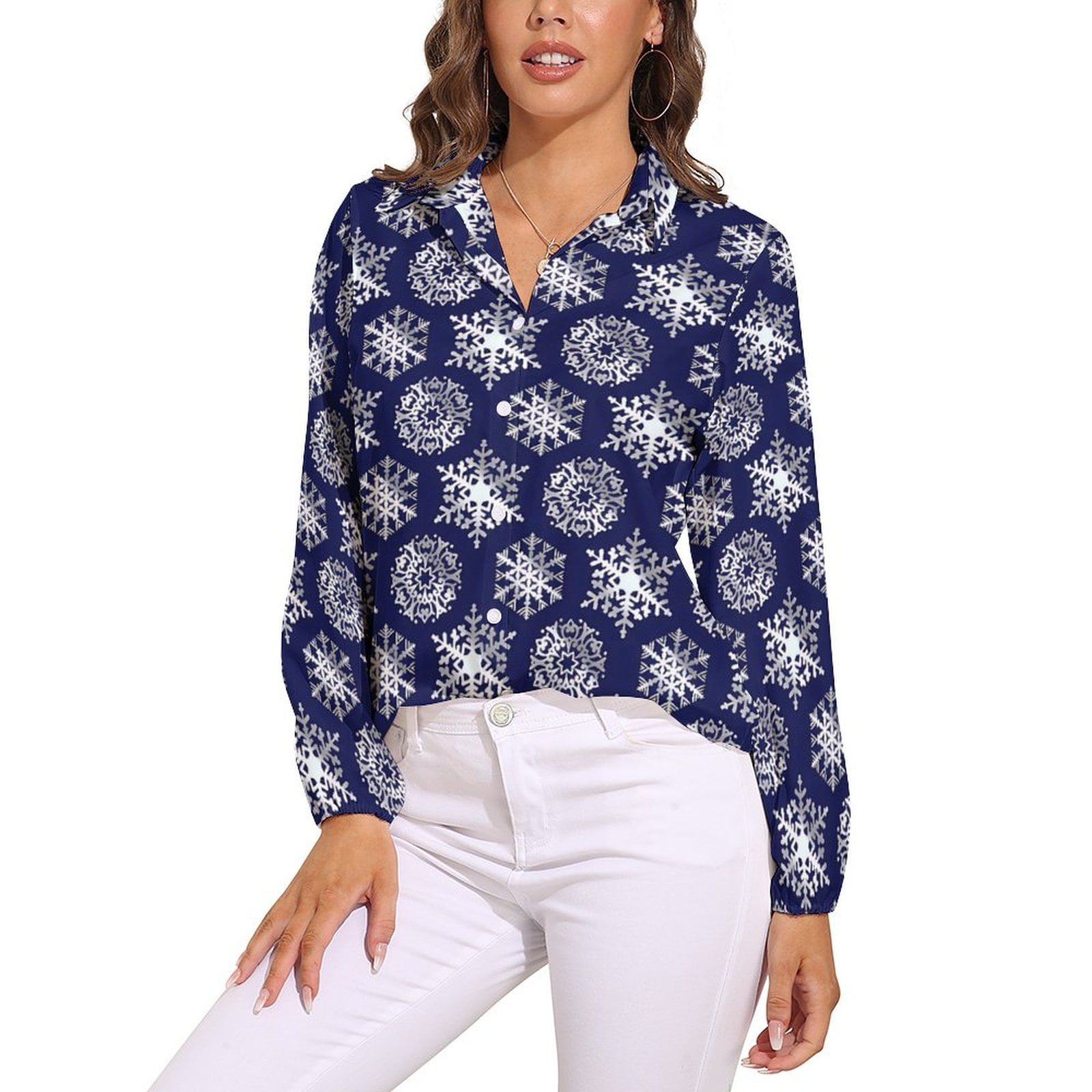 Blue Snowflake Loose Blouse Fun Christmas Classic Oversized Blouses ...