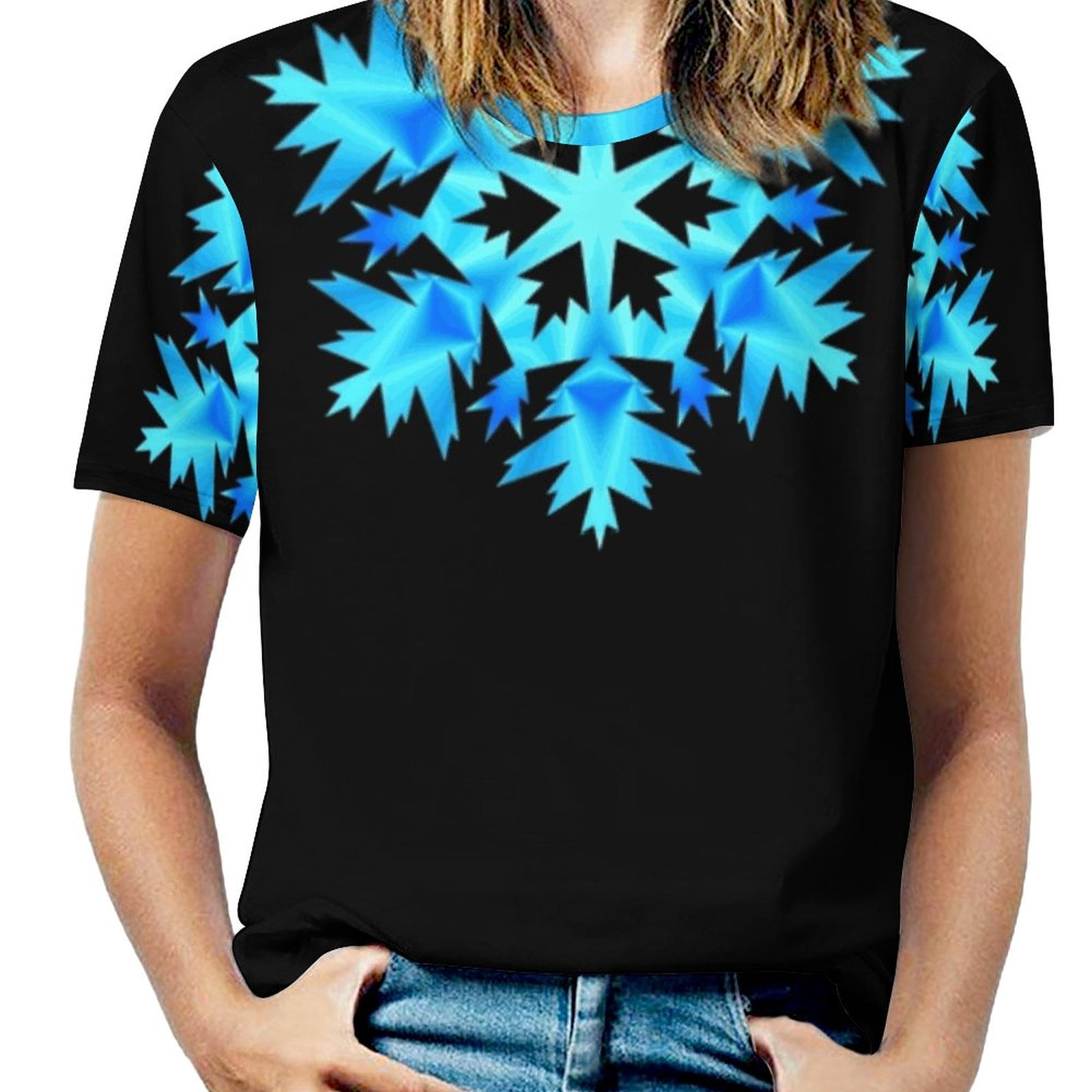 Blue Snowflake New Fashion Zip Off Shoulder Top Short-Sleeve Women ...