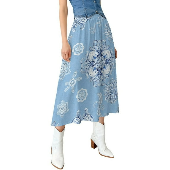 Blue Snowflake Pattern Fabric Women High Waist Midi Skirt Elegant Midi ...