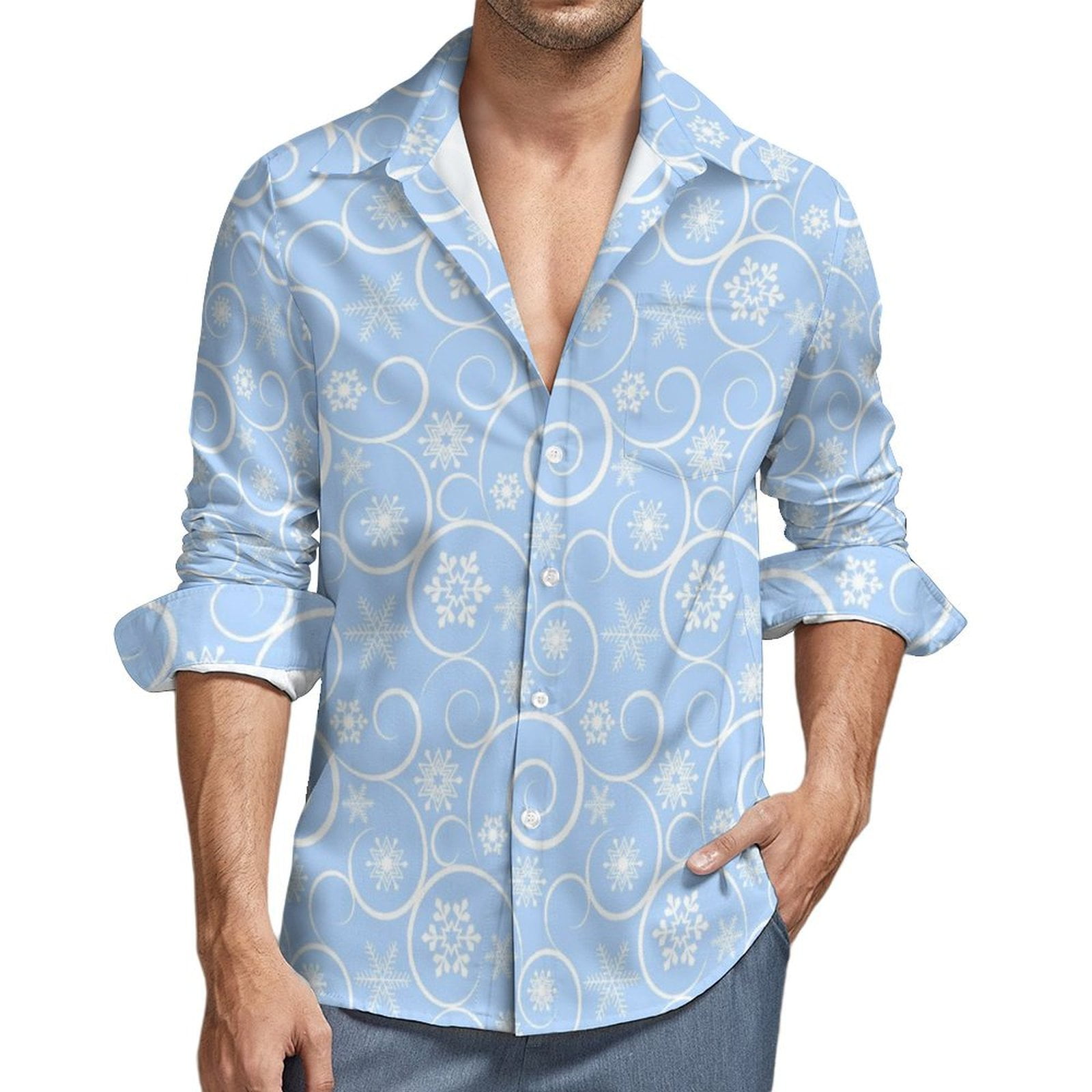 Blue Snowflakes Elegant Mens Long Sleeve Button Down Shirts, Casual Men ...