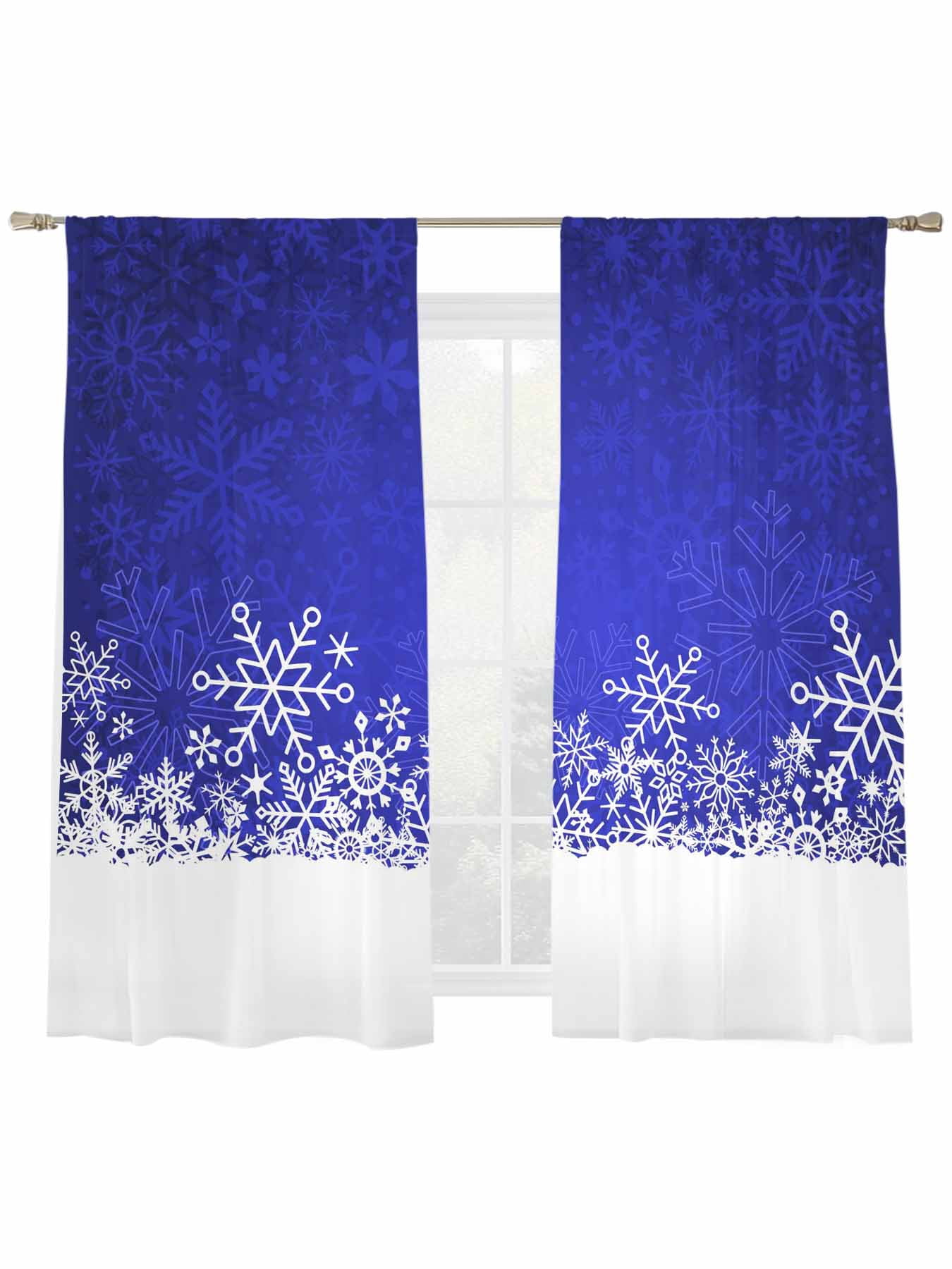 Blue Snowflakes Sheer Curtains 63 inches Long, Winter Xmas Blue White ...